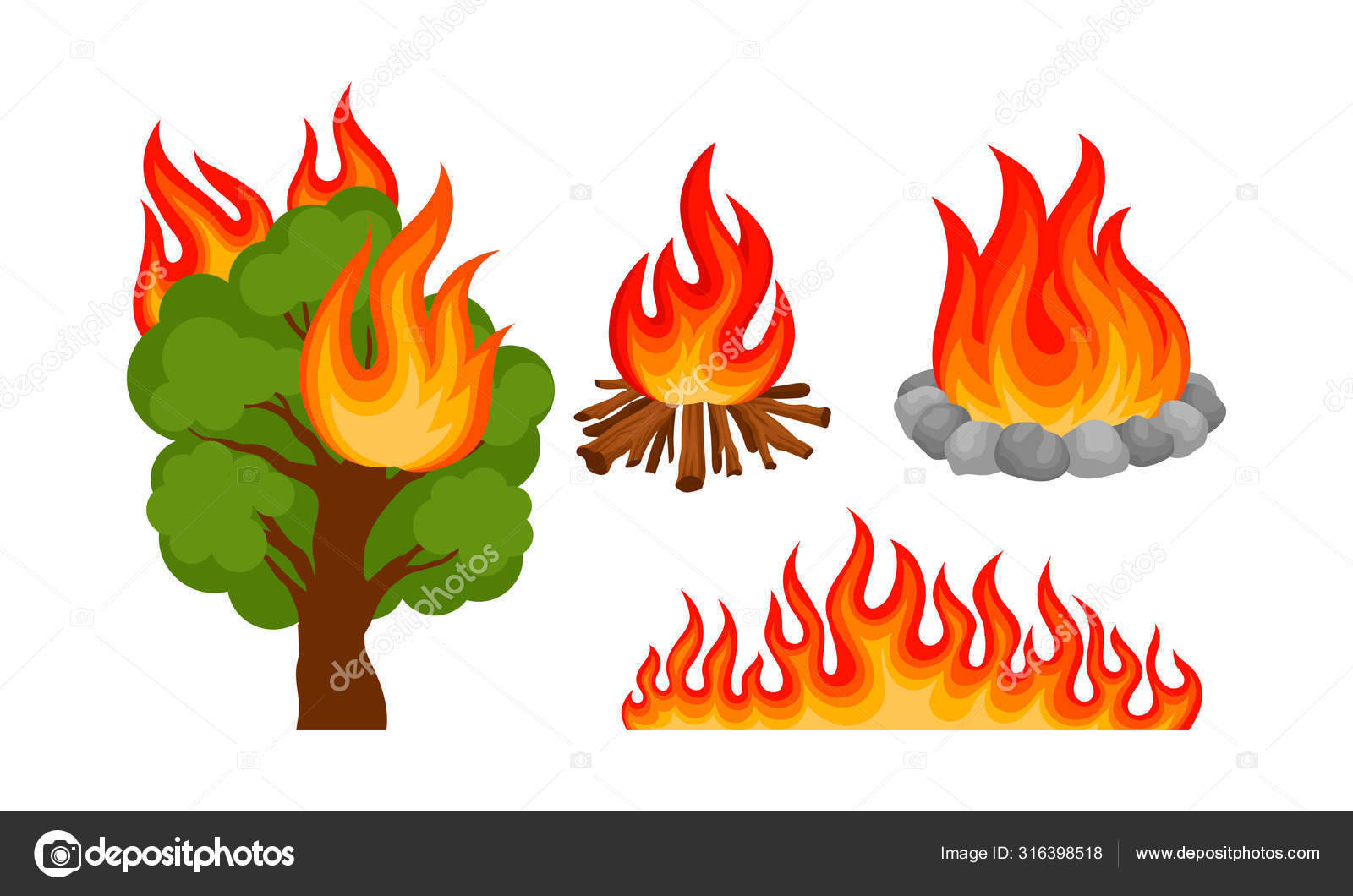 Set of different types of fires. Vector illustration on a white ...