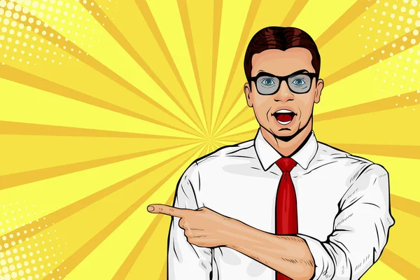 Man with shocked facial expression. Surprised male showing by finger ...