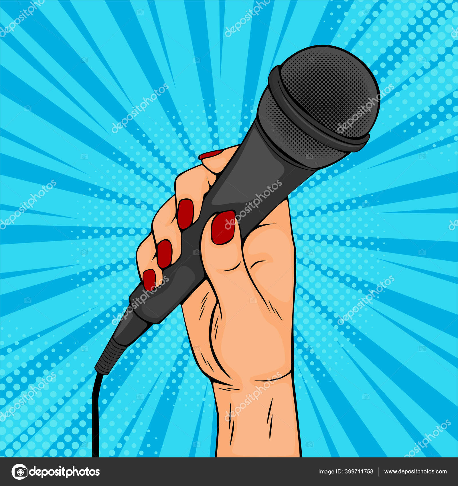 Girl Woman Hand Hold Microphone Cartoon Vector Illustration Pop Art ...