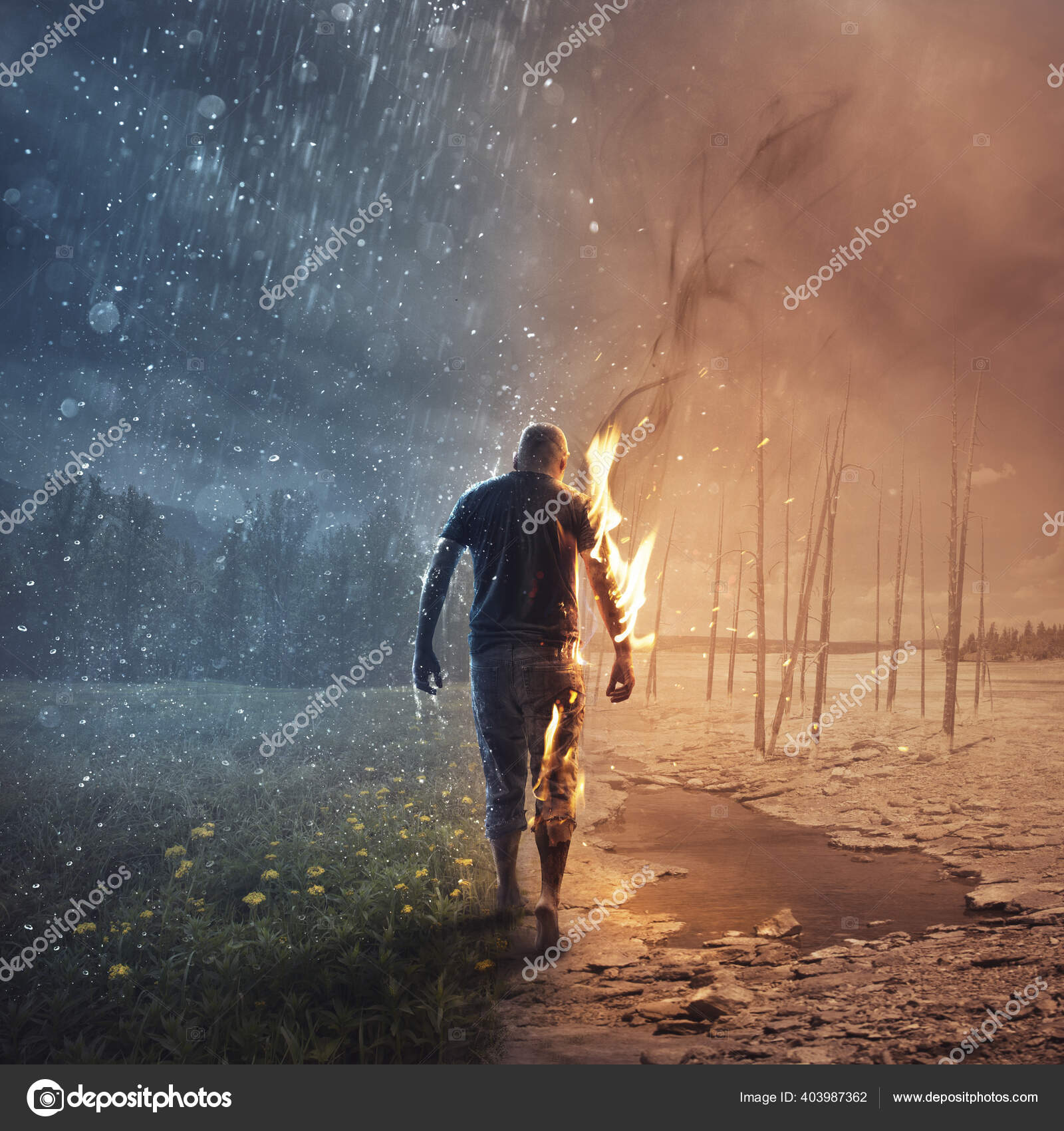 Man Walks Burning Fire Refreshing Rain — Stock Photo © kevron2002 ...
