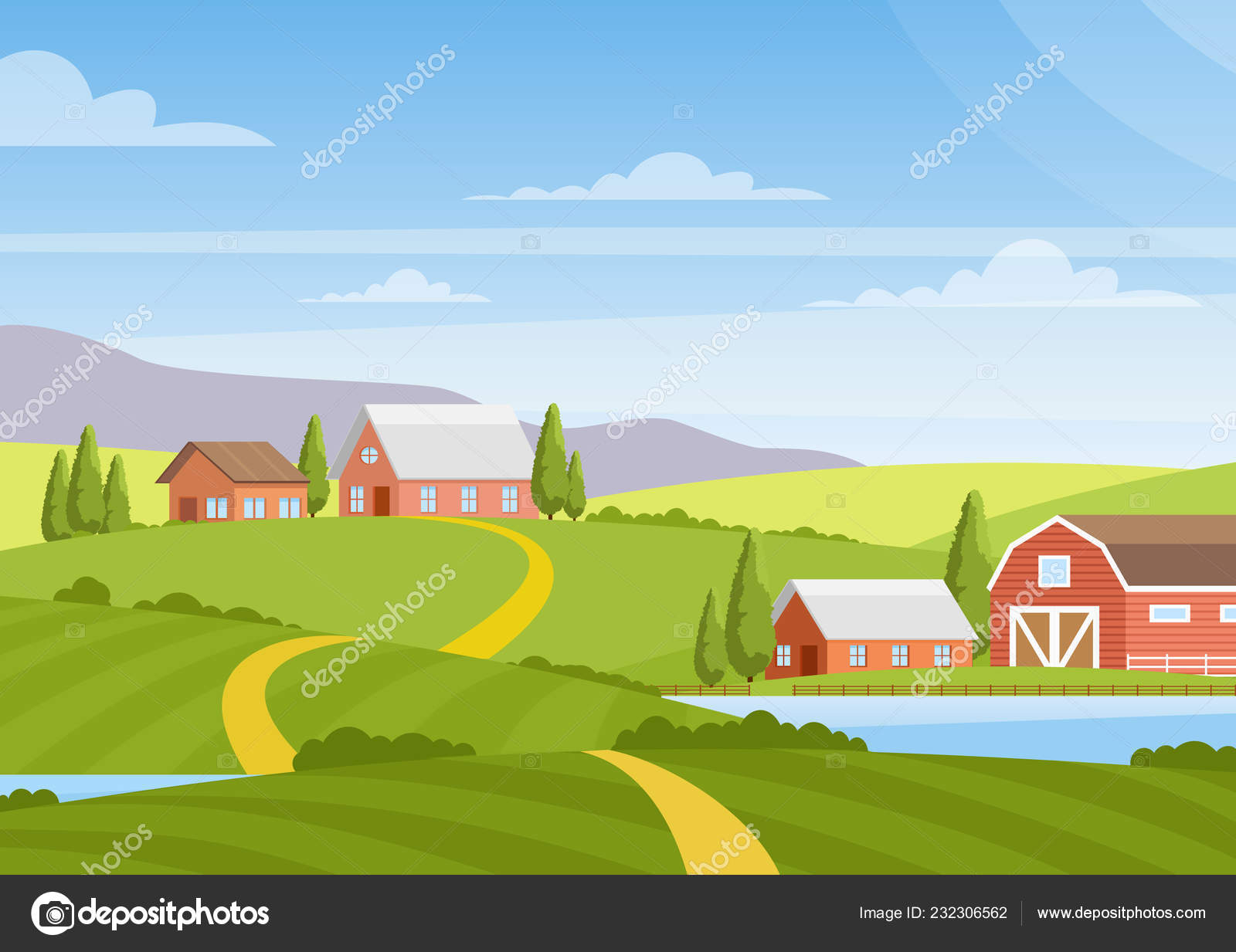Vector illustration of beautiful countryside landscape with fields ...