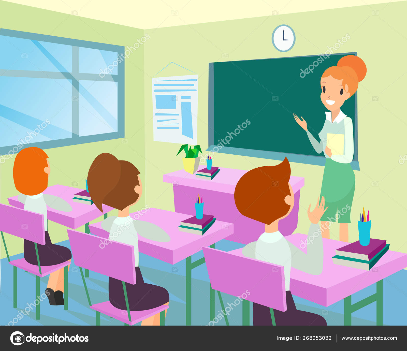 Vector illustration of teacher in classroom with kids. Female teacher ...