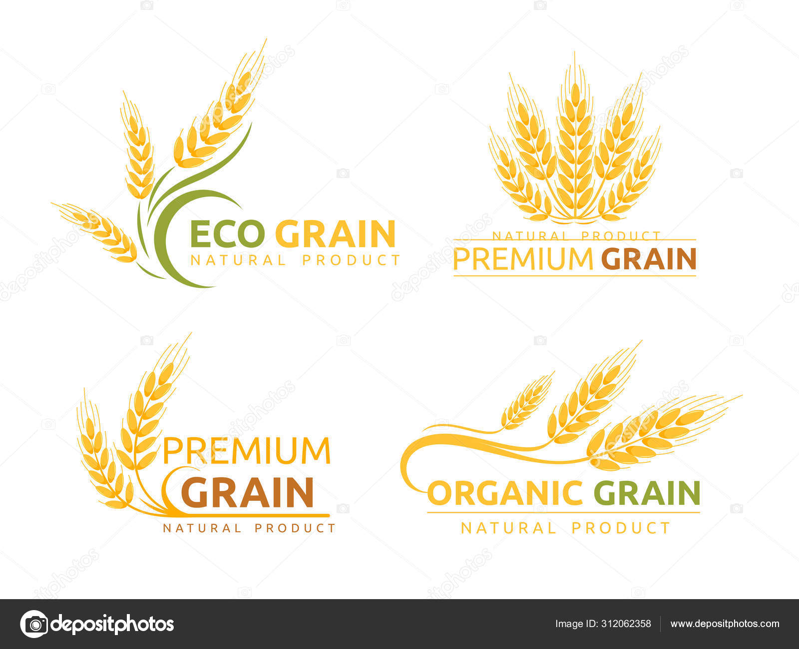 Premium grain flat vector logotype designs set. Organic cereal crops ...