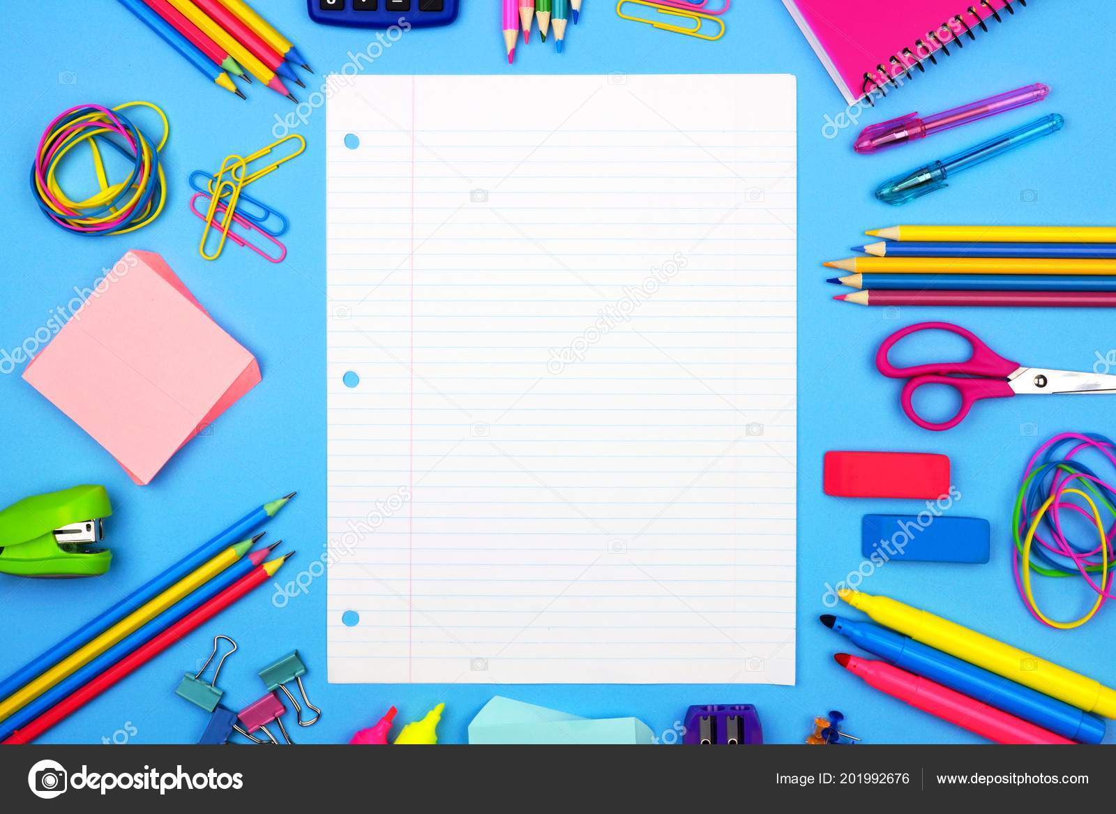 Blank Lined Paper School Supplies Frame Soft Blue Paper Background ...