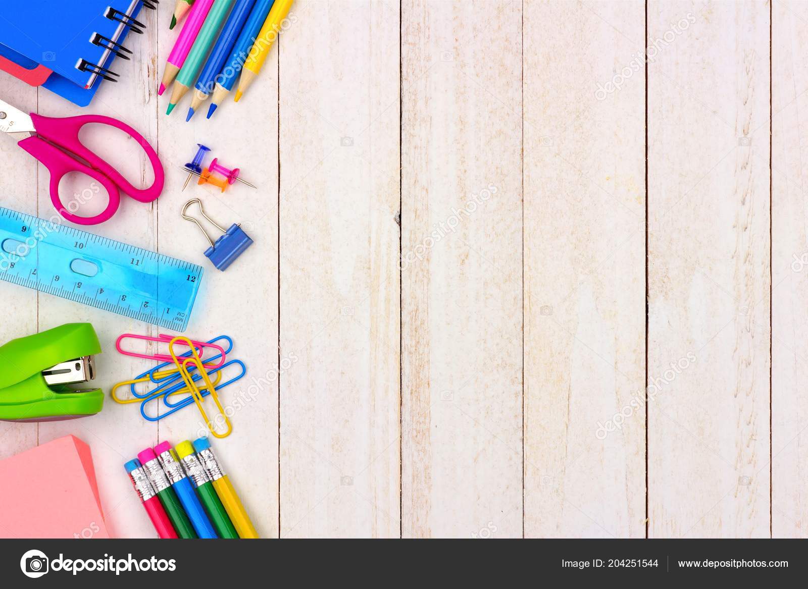 School Supplies Side Border White Wood Background Copy Space — Stock ...