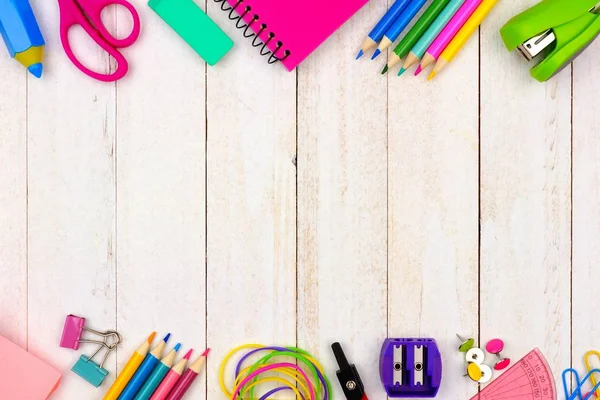 School Supplies Corner Border White Wood Background Copy Space Stock ...