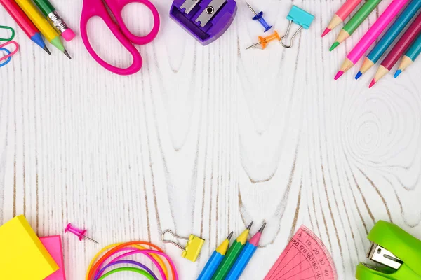 School Supplies Double Border White Wood Background Copy Space — Stock ...