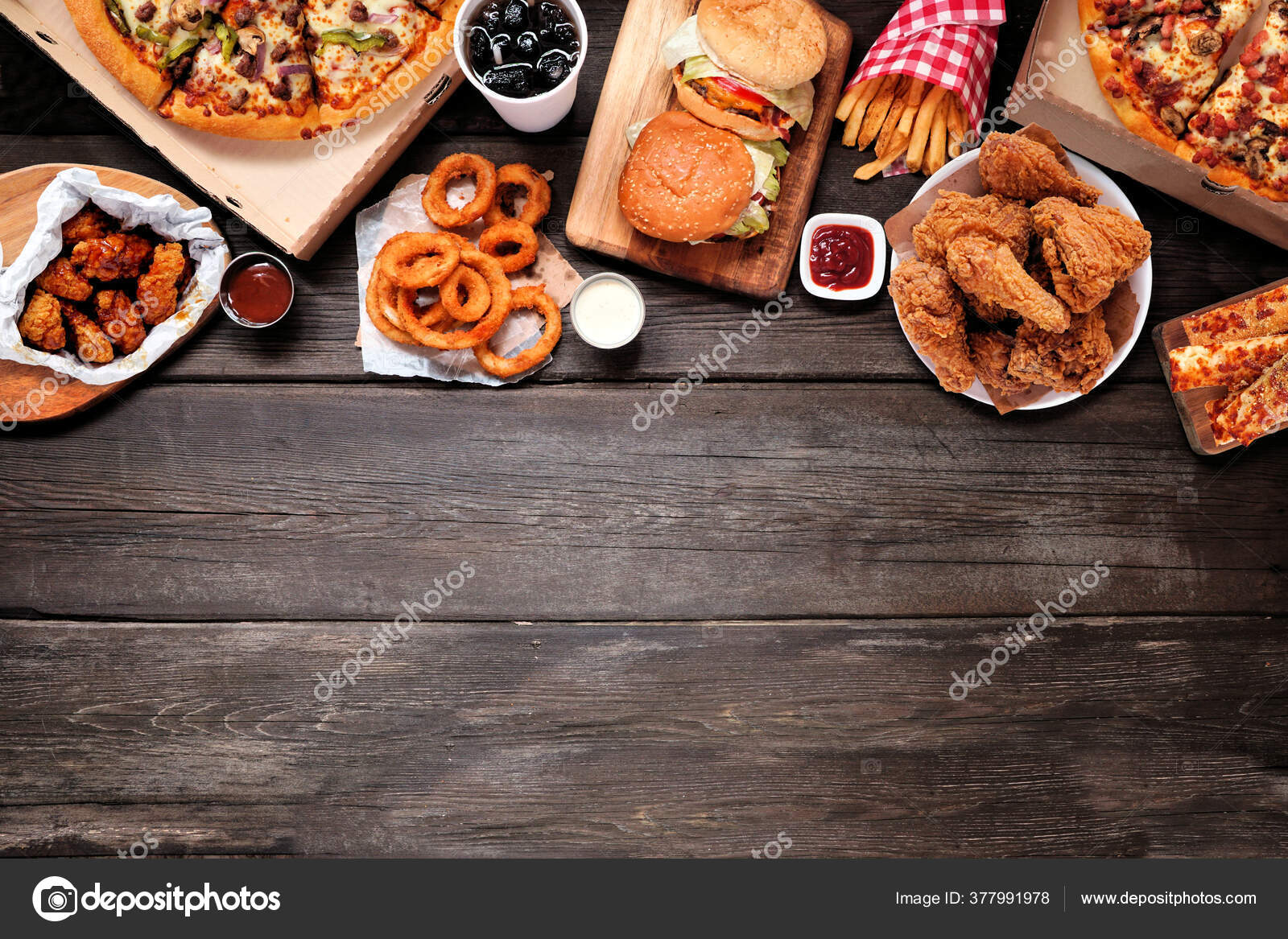 Variety Take Out Fast Foods Pizza Hamburgers Fried Chicken Sides Stock ...