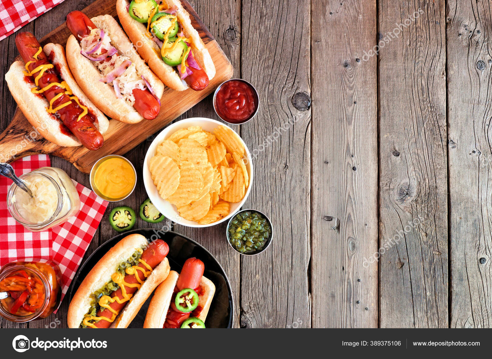 Bbq Hot Dog Side Border Top View Table Scene Rustic Stock Photo by ...