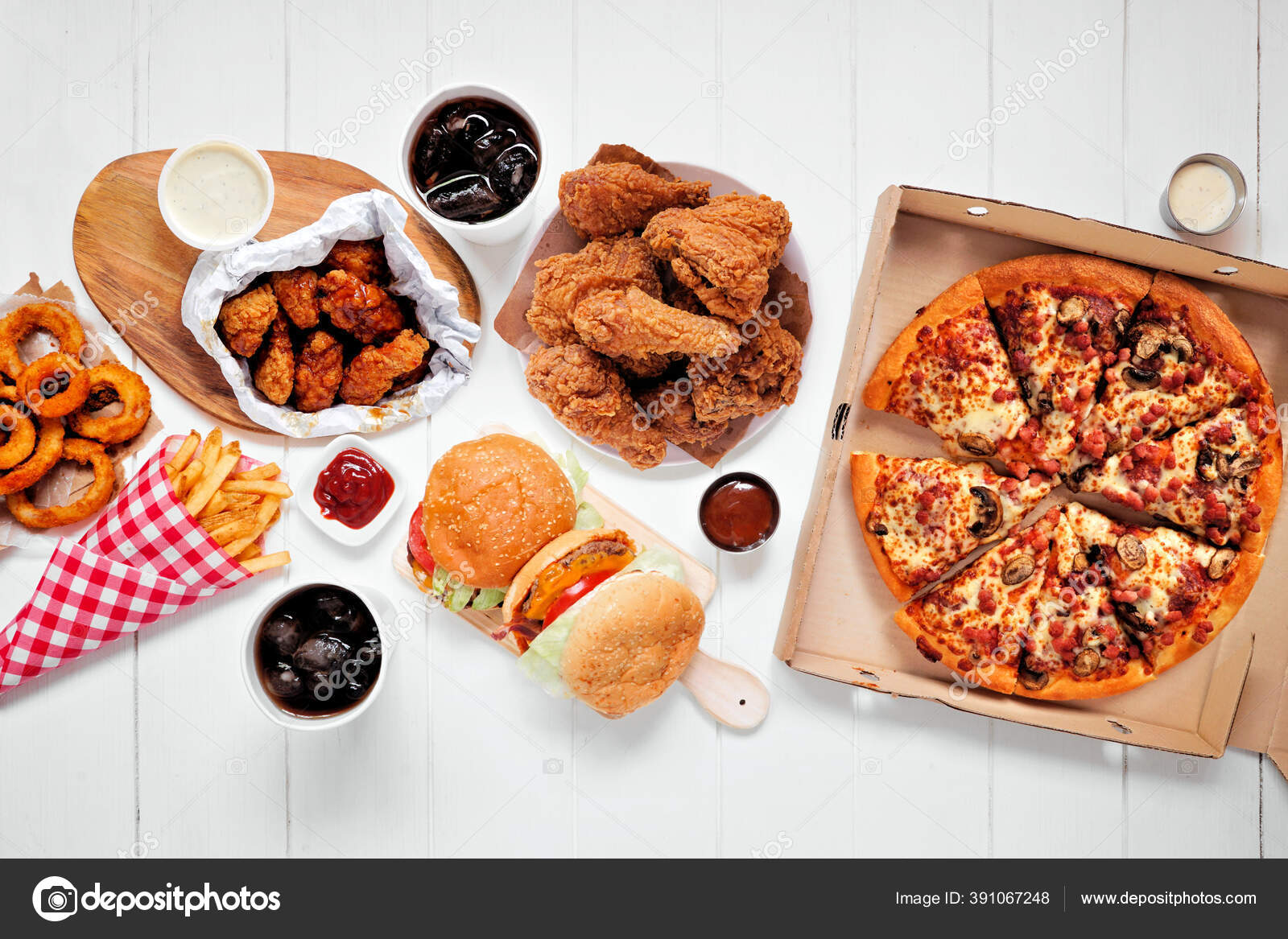 Table Scene Large Variety Take Out Fast Foods Hamburgers Pizza — Stock ...