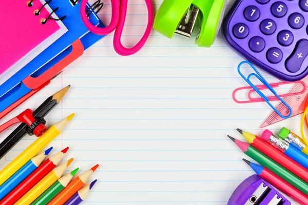 School Supplies Corner Border White Wood Background Copy Space Stock ...