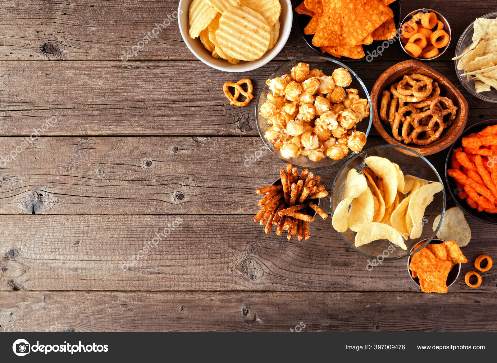 Various Salty Snacks Corner Border Copy Space Top View Rustic Stock ...