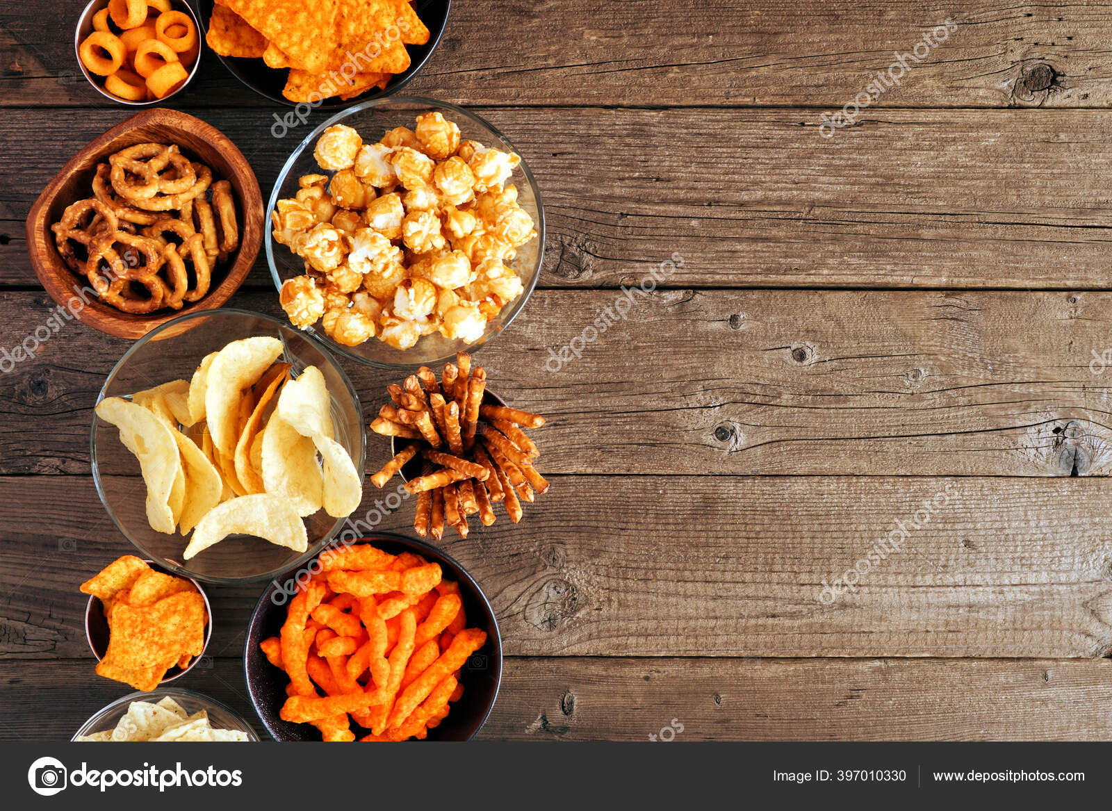 Mixture Salty Snacks Side Border Copy Space View Rustic Wood Stock ...