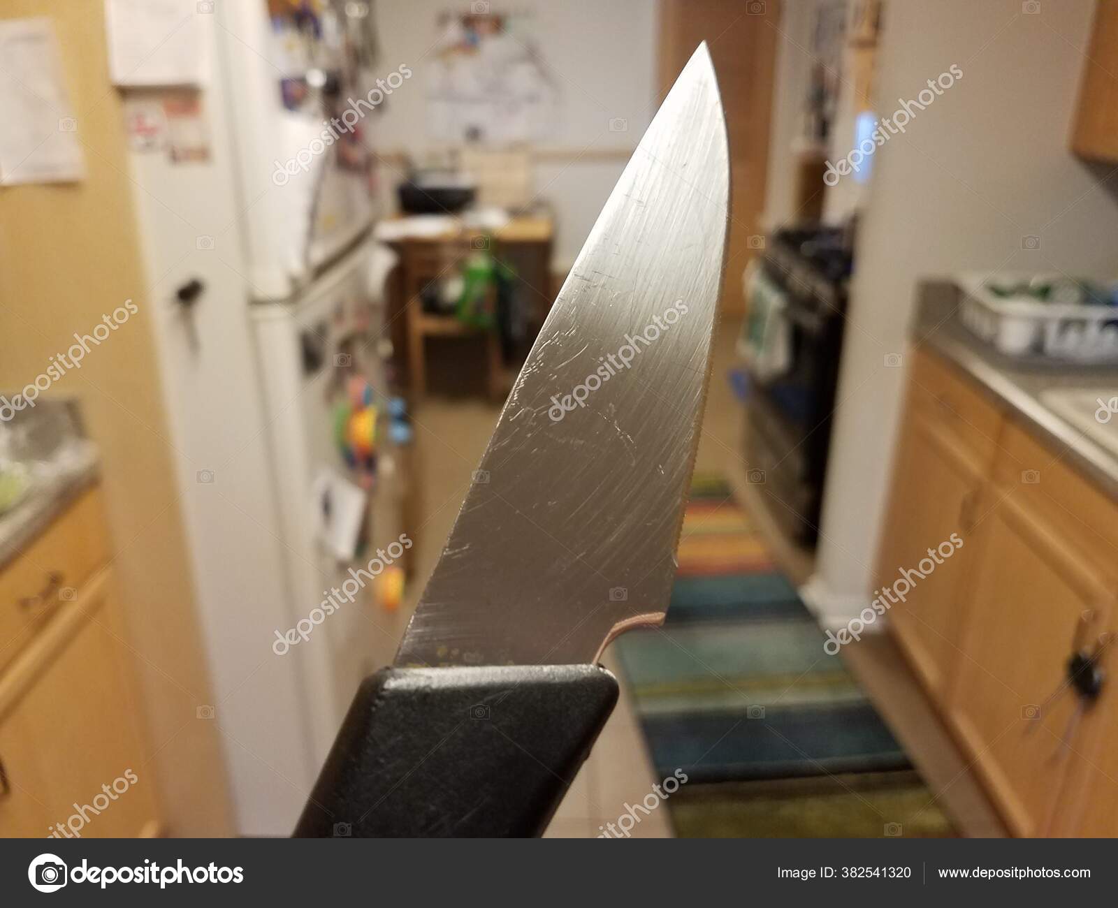 Sharp Metal Knife Black Handle Kitchen First Person Perspective — Stock ...