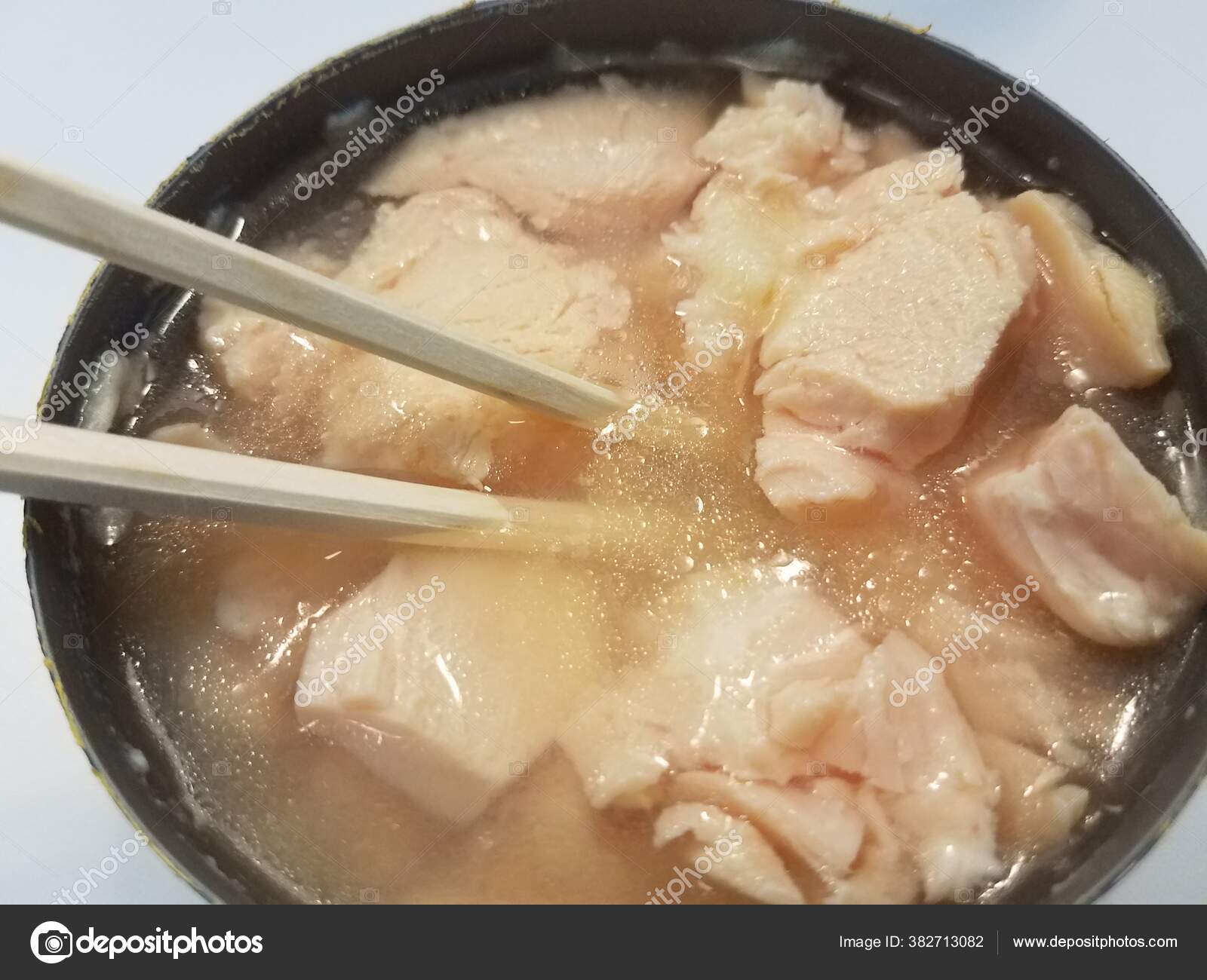 Open Can Canned White Meat Chicken Broth Chopsticks — Stock Photo ...