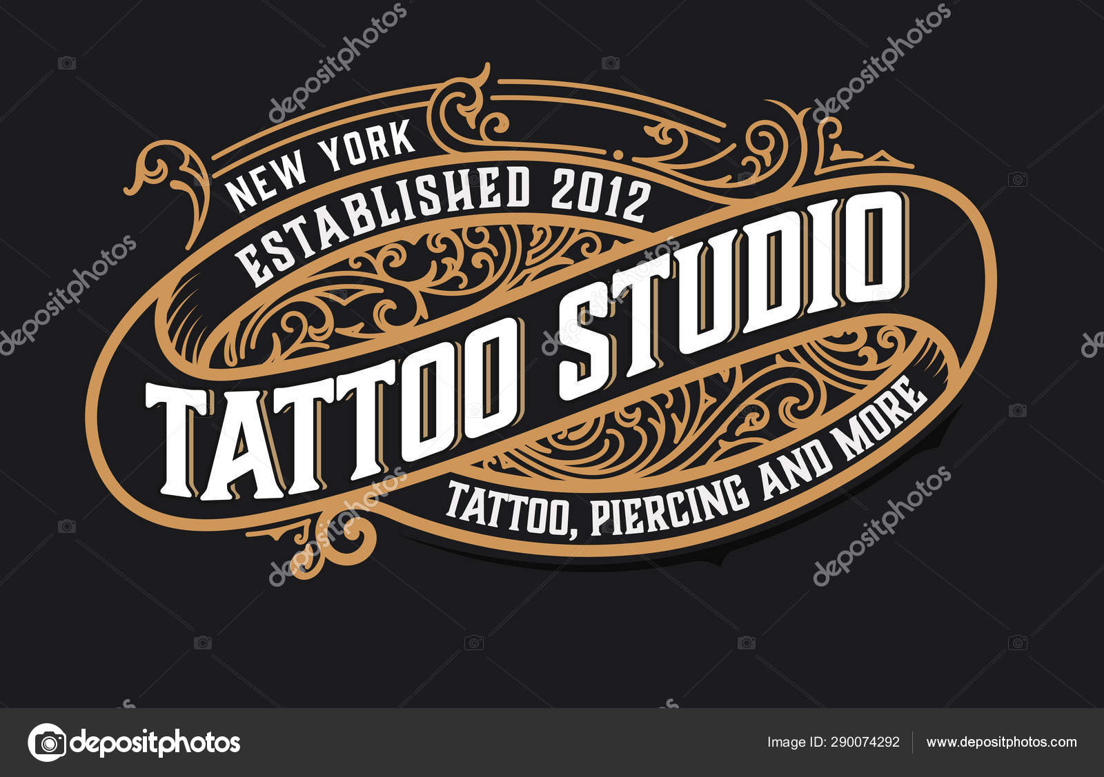 Tattoo logo template. Old lettering on dark background with flor Stock ...