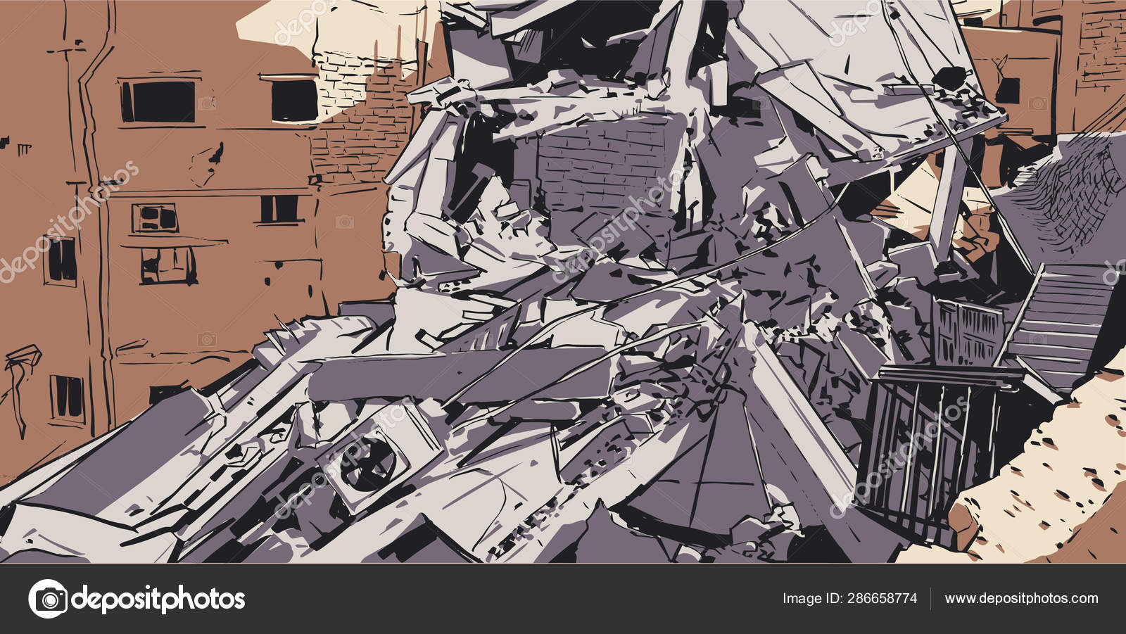Illustration Collapsed Building Due Earthquake Natural Disaster ...
