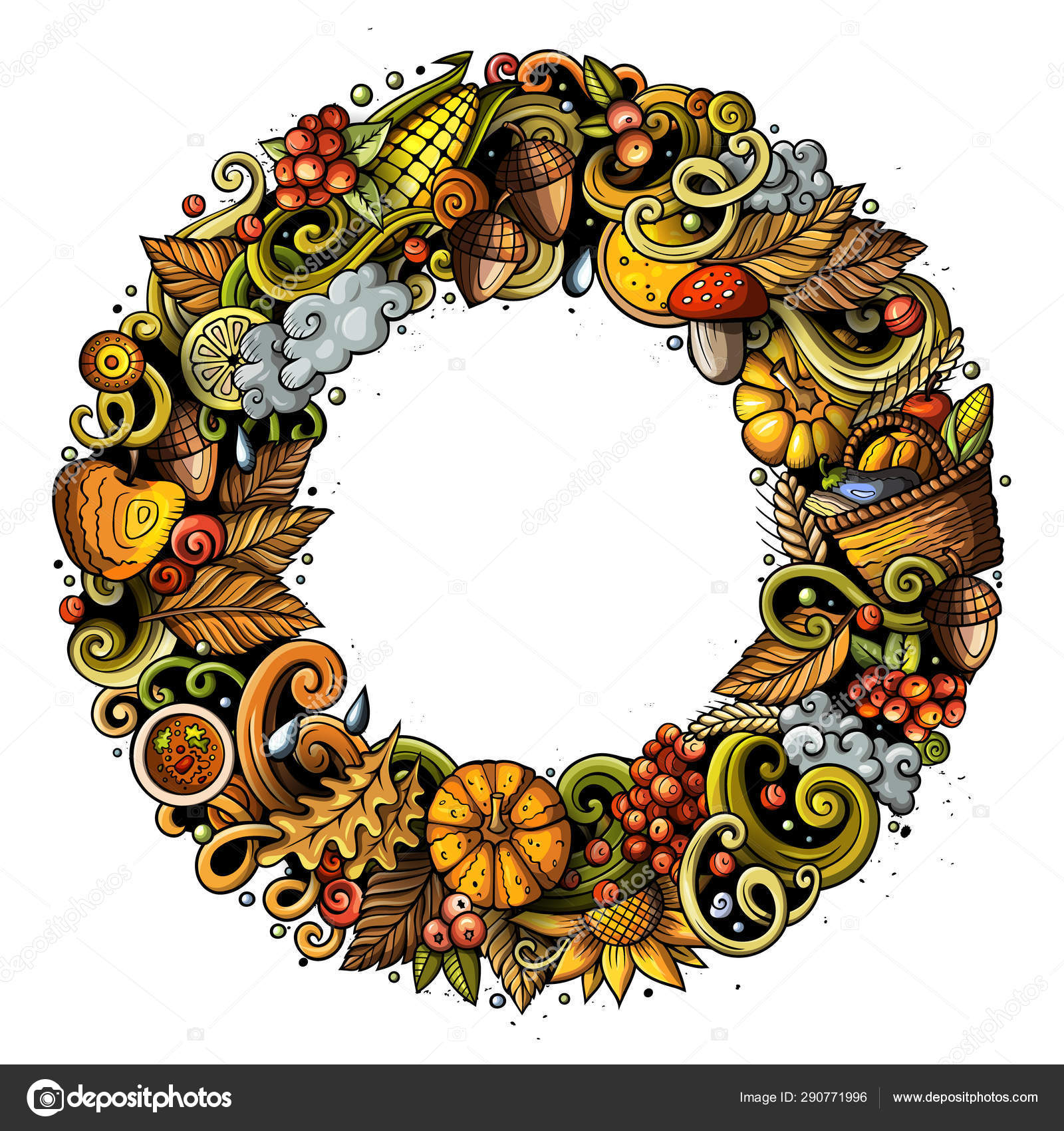 Cartoon cute doodles hand drawn Autumn round frame design Stock Photo ...