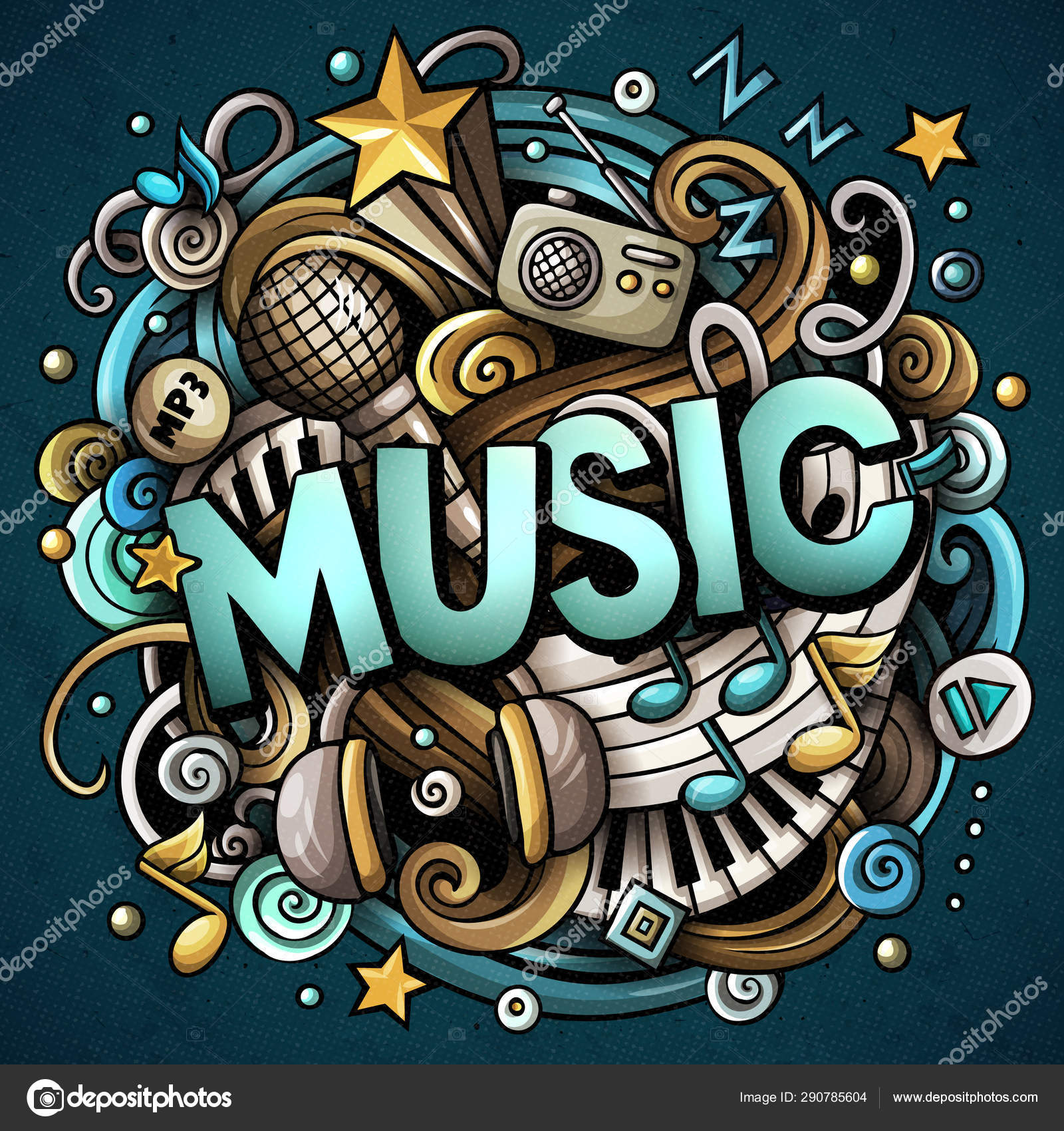 Cartoon cute doodles Music word. Colorful illustration. Stock Photo by ...