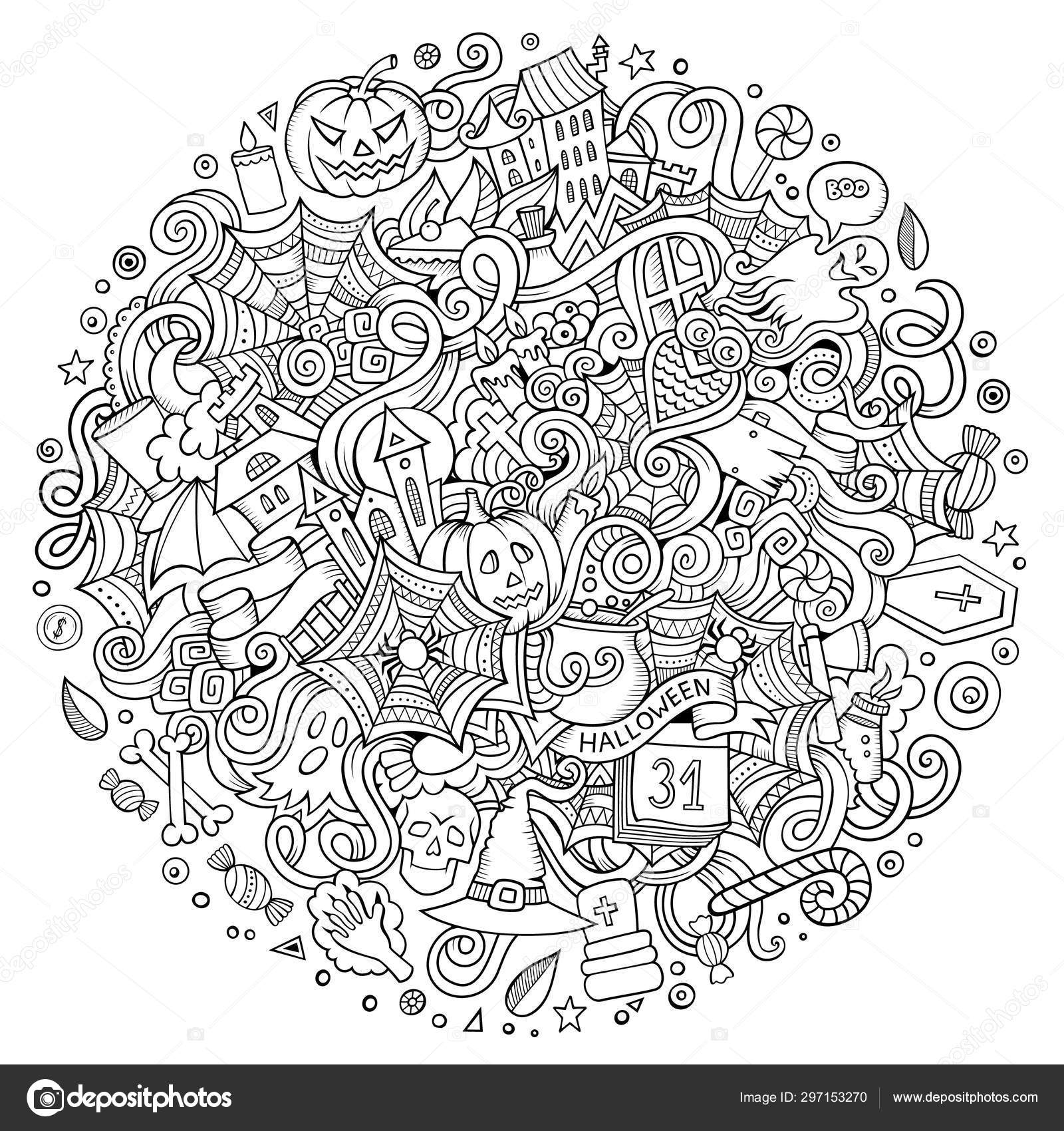 Cartoon cute doodles Happy Halloween illustration. Outline funny round ...