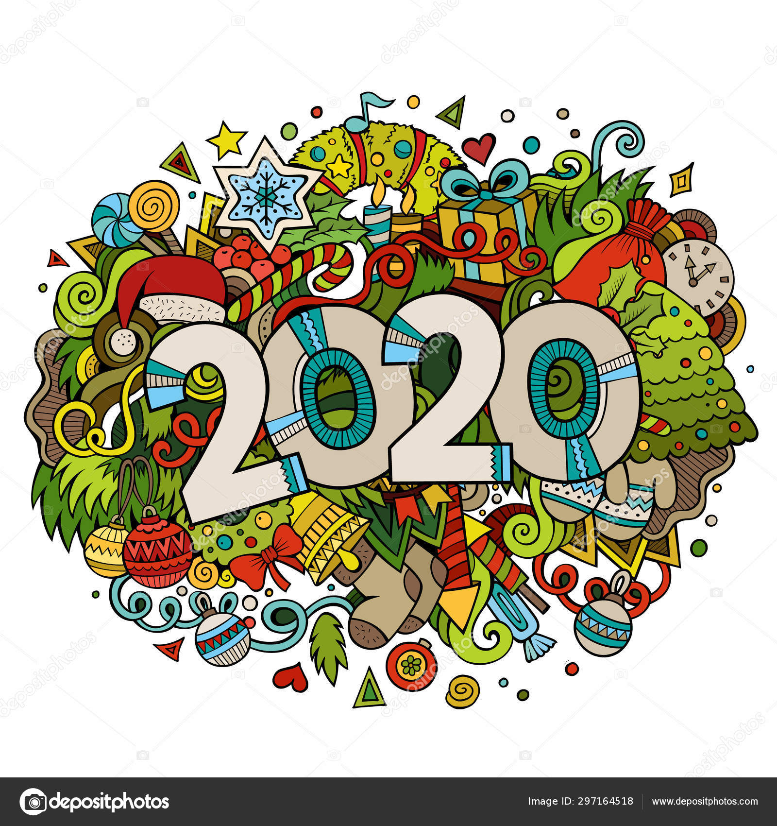 2020 hand drawn doodles illustration. New Year objects and elements ...