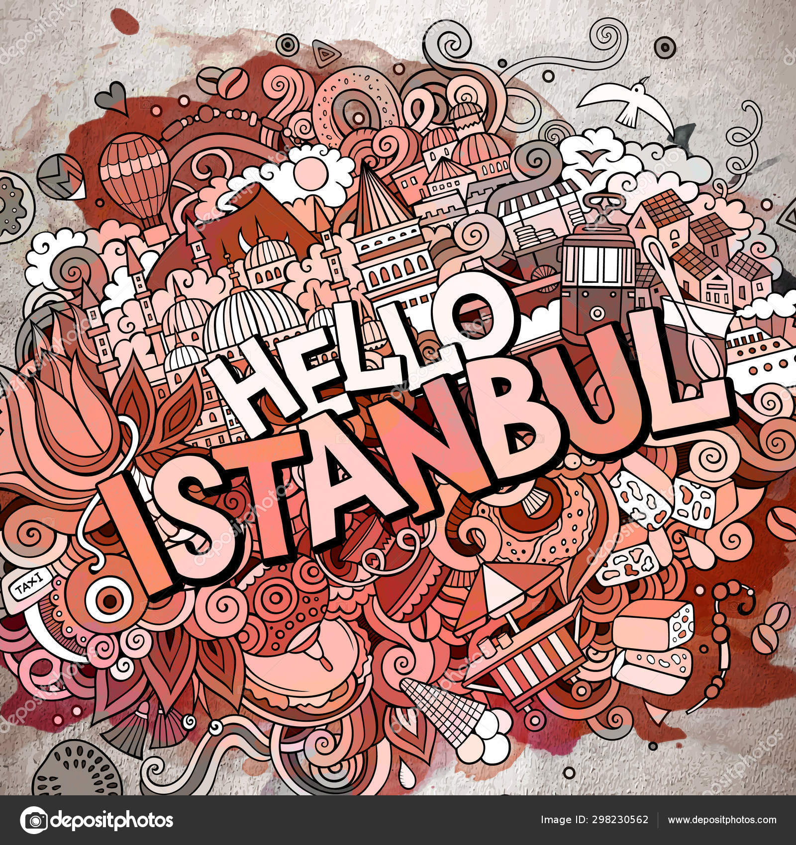 Cartoon cute doodles hand drawn Hello Istanbul inscription Stock Vector ...