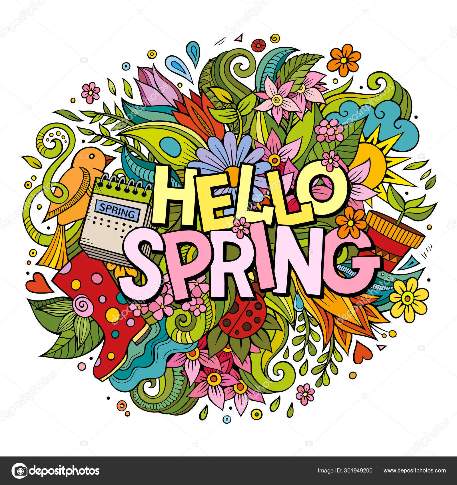 Cartoon cute doodles hand drawn Hello Spring illustration Stock Vector ...