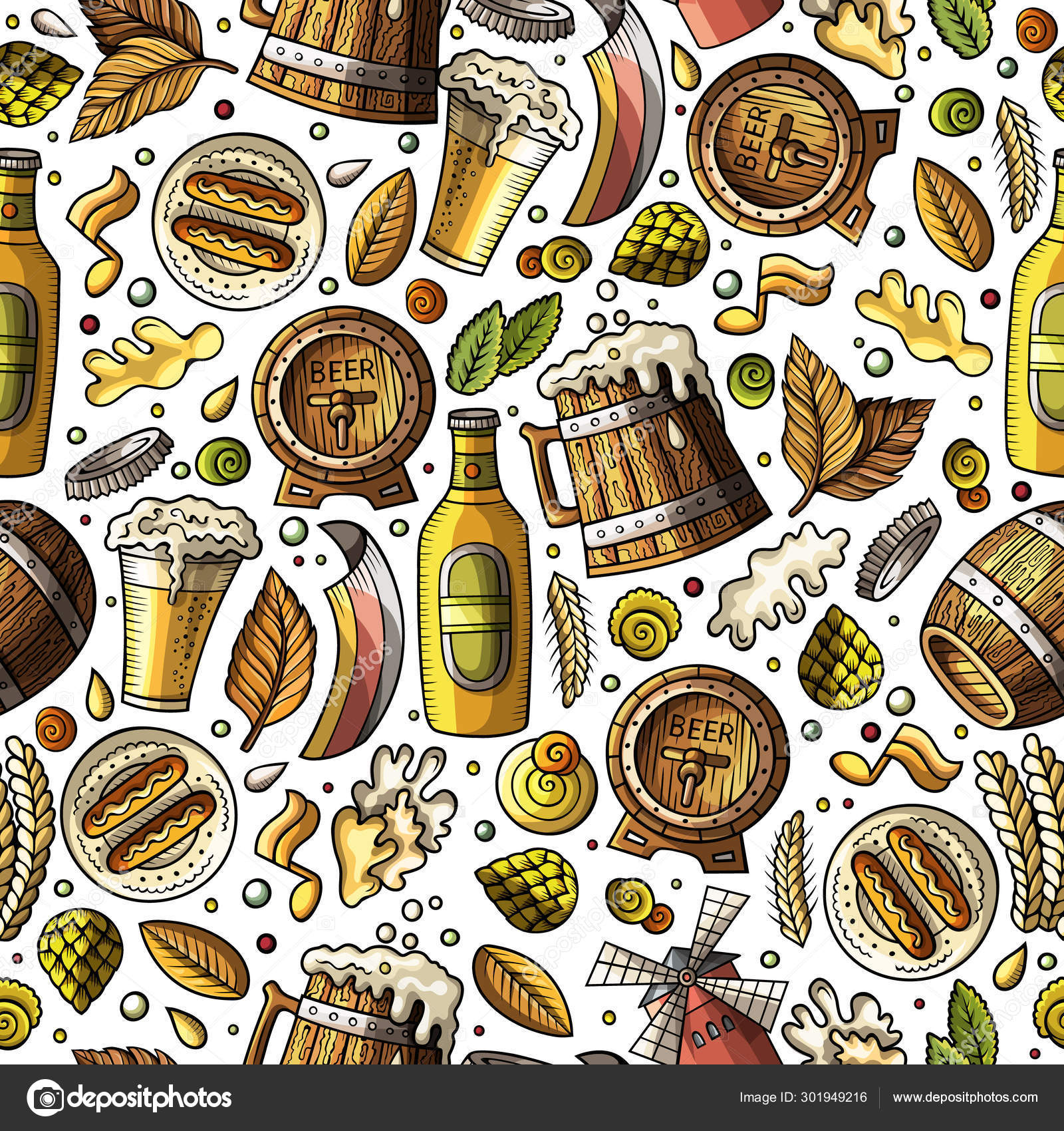 Cartoon cute hand drawn Beer fest seamless pattern Stock Vector Image ...