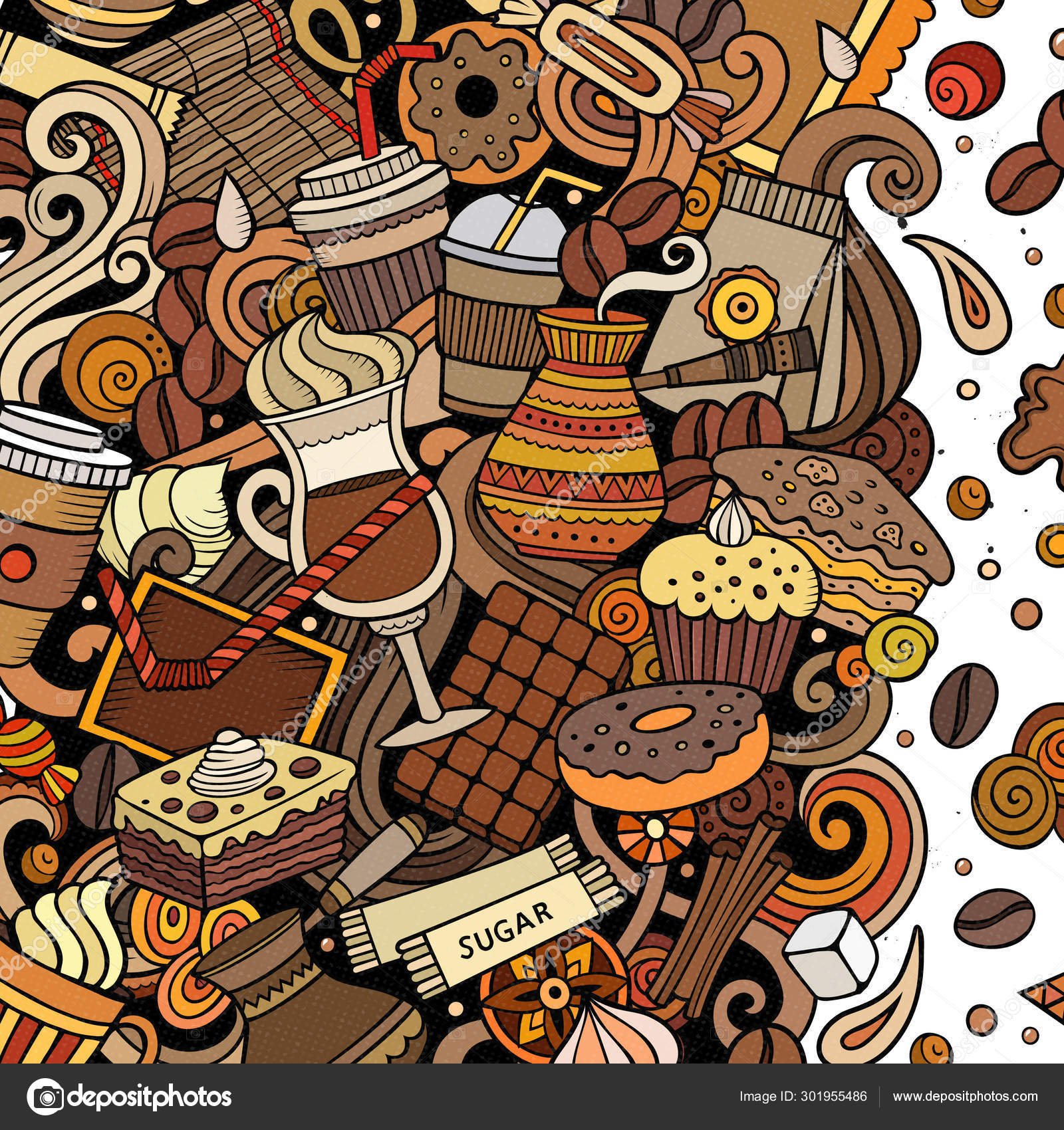 Cartoon vector doodles Coffee frame. Bright colors Cafe funny border ...