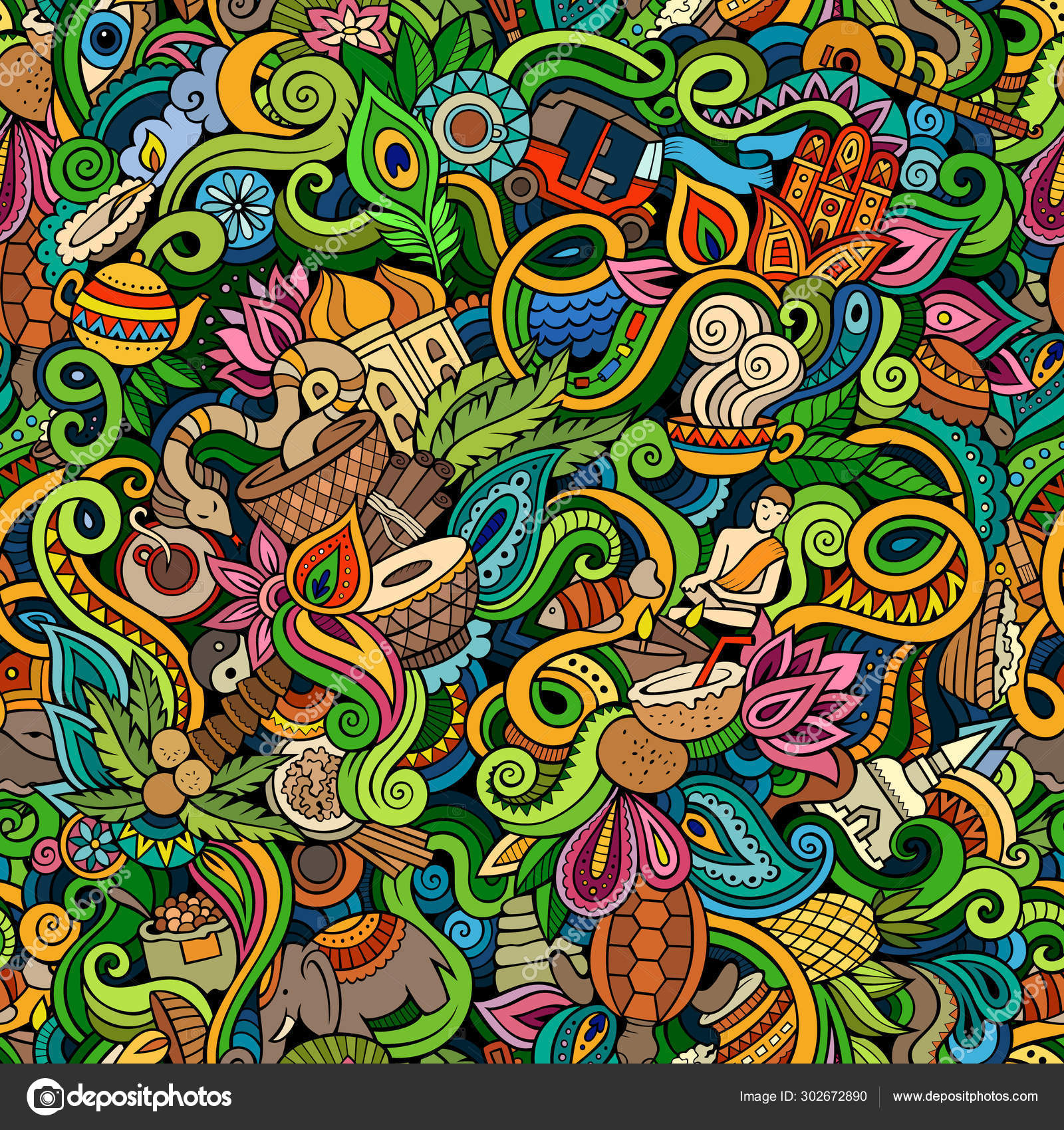 India culture hand drawn doodles seamless pattern. Indian backgraund ...