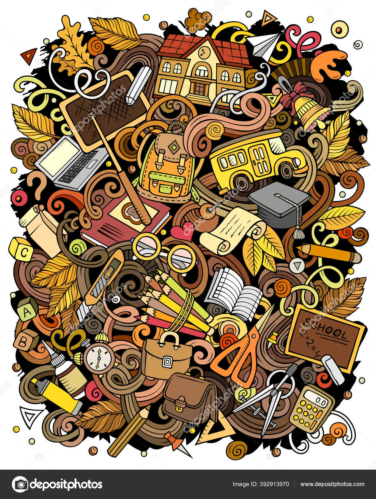 Cartoon raster doodles School illustration. Bright colors education ...