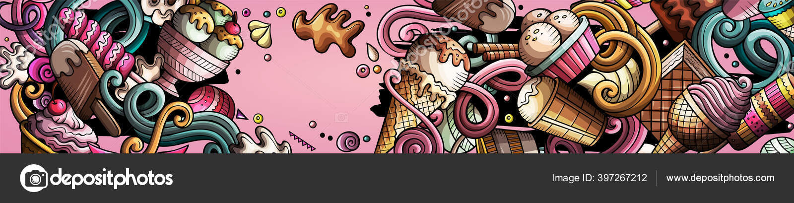 Ice cream hand drawn doodle banner. Cartoon detailed flyer. — Stock ...