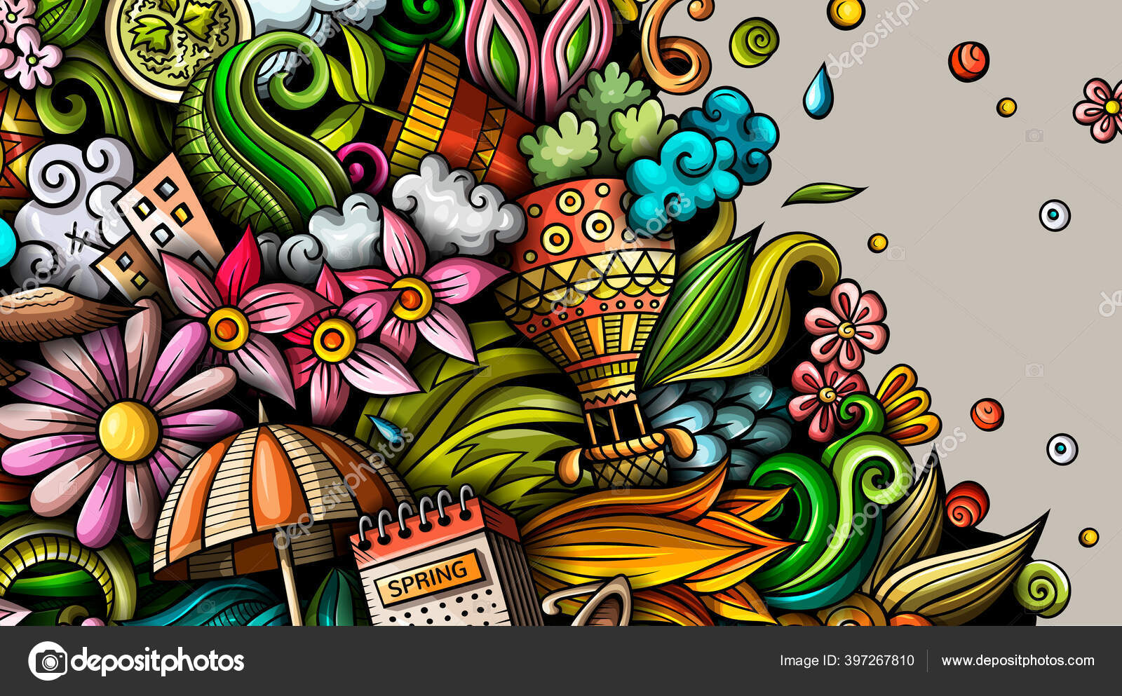 Spring hand drawn doodle banner. Cartoon detailed flyer. Stock ...