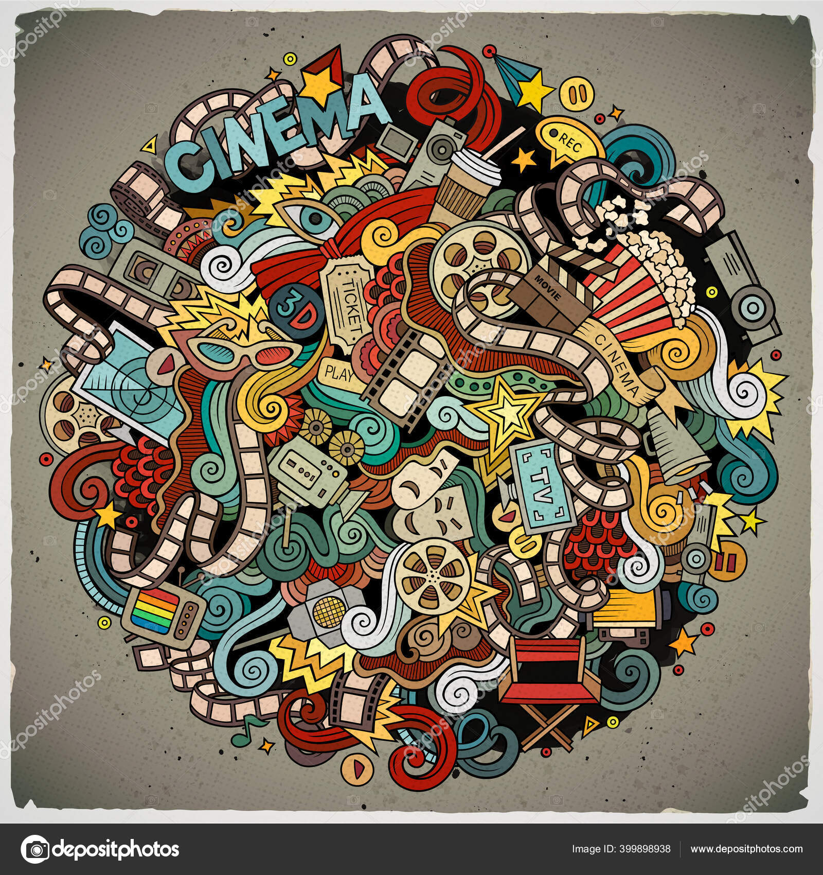Cartoon Cute Doodles Hand Drawn Cinema Illustration Colorful Detailed ...