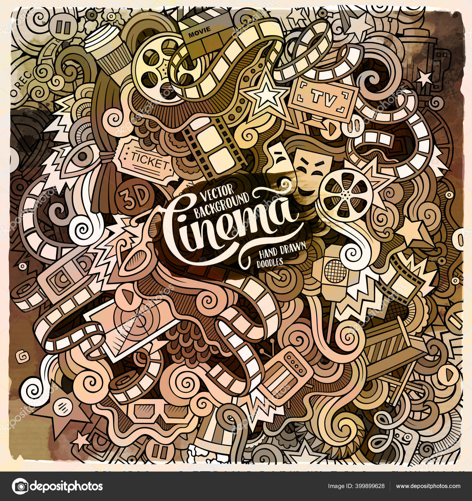 Cartoon Cute Doodles Hand Drawn Cinema Frame Design Watercolor Detailed ...