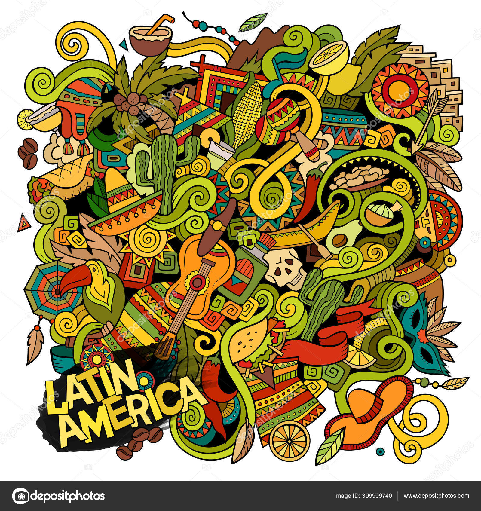 Cartoon Hand Drawn Doodles Latin American Illustration Detailed Lots ...
