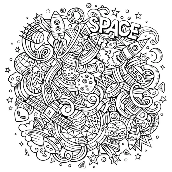 Cartoon hand-drawn doodles Space illustration. Line art detailed Stock ...