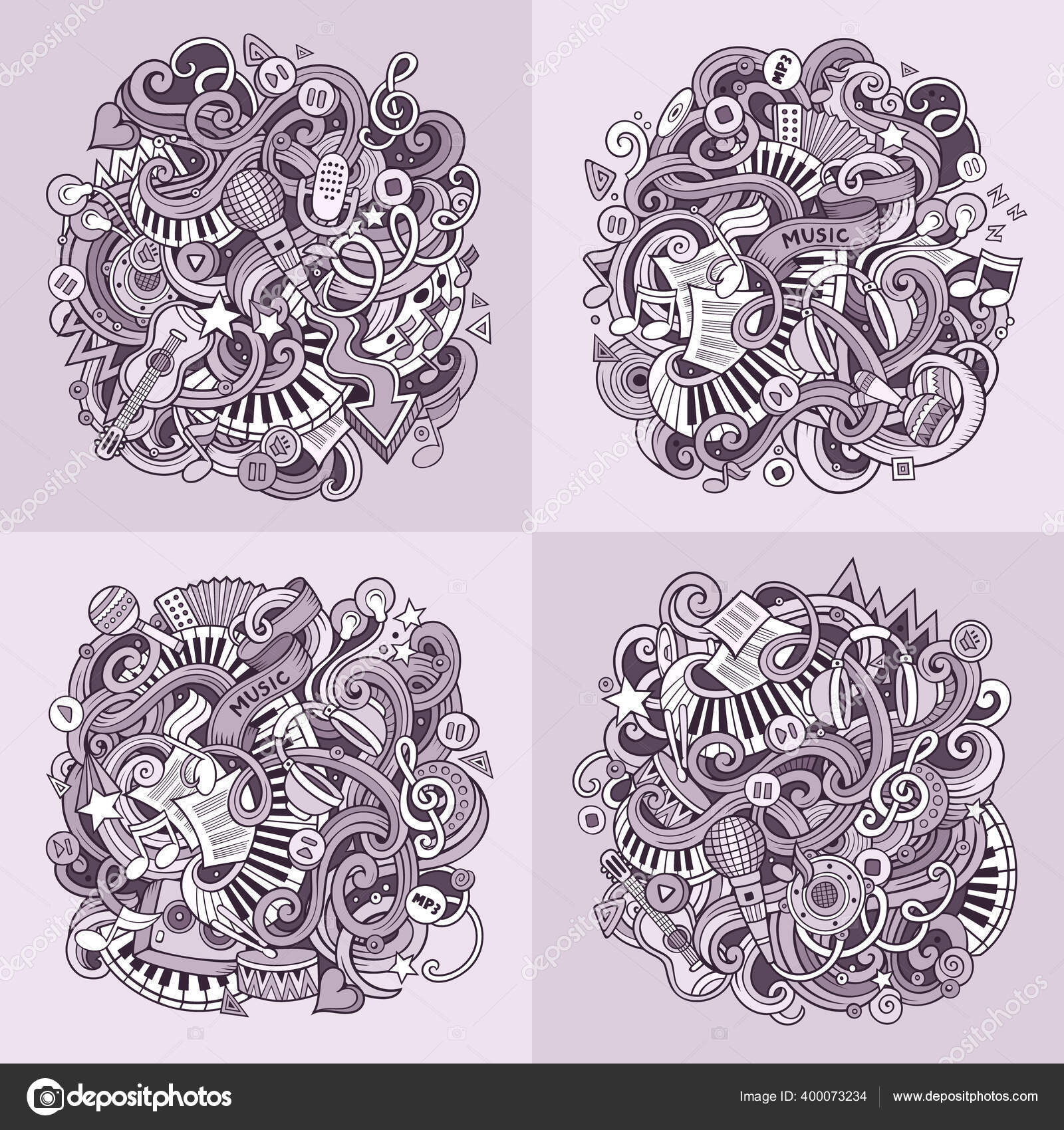 Müzik Karikatürü Vektör Karalama Çizimi Çizgi Sanatı Birçok Nesne ...