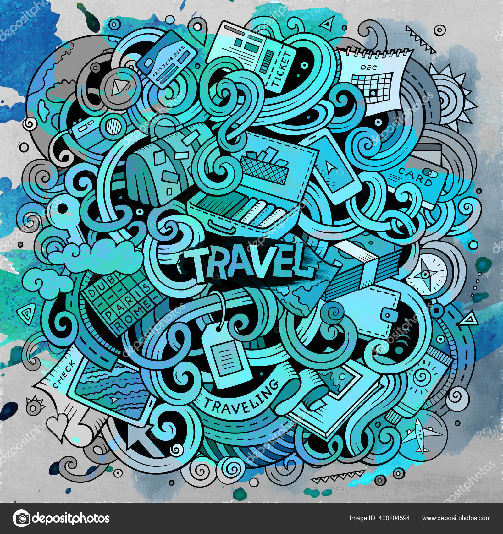 Cartoon Cute Doodles Hand Drawn Traveling Illustration Watercolor ...