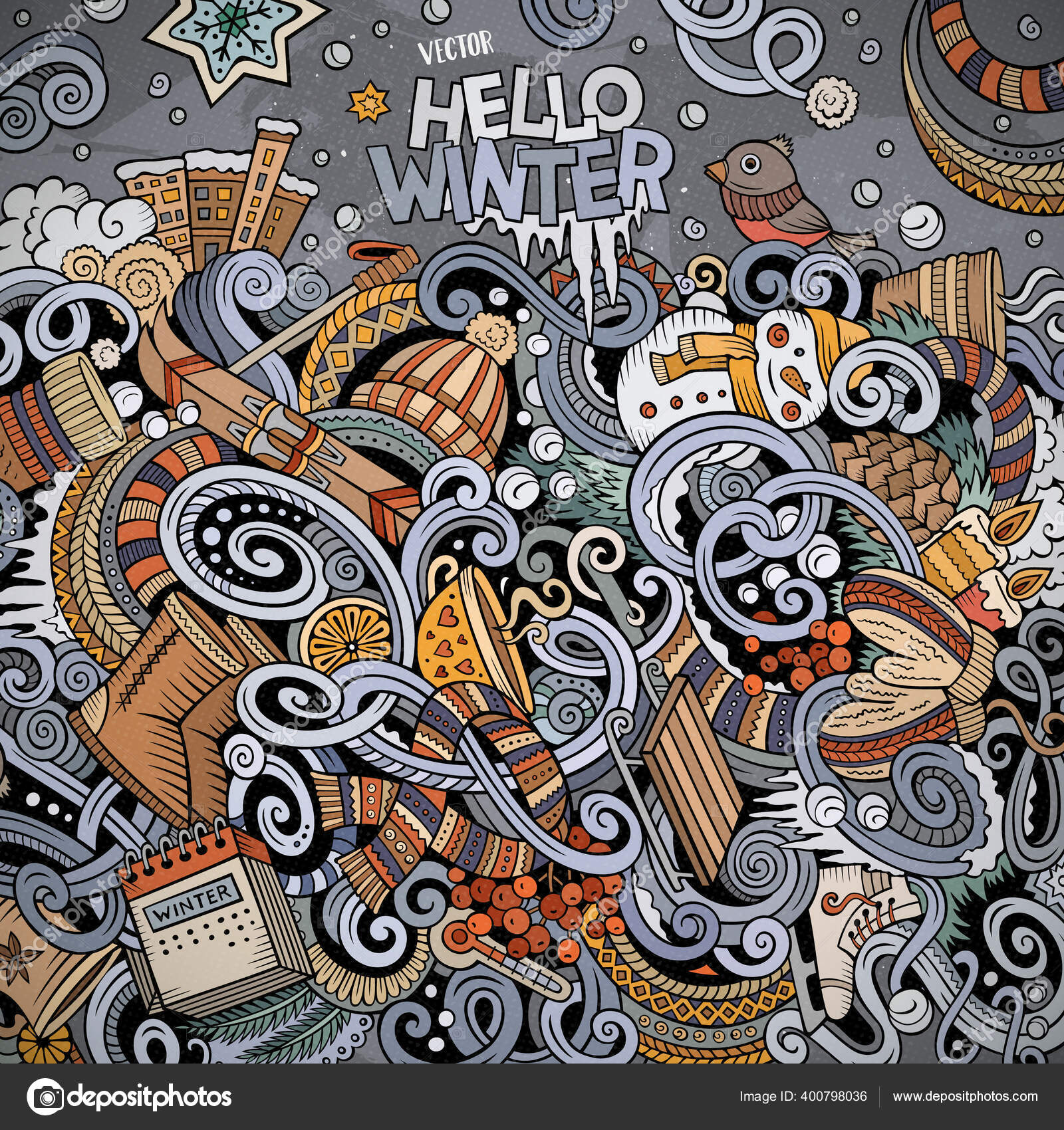 Cartoon Cute Doodles Hand Drawn Winter Season Frame Design Colorful ...