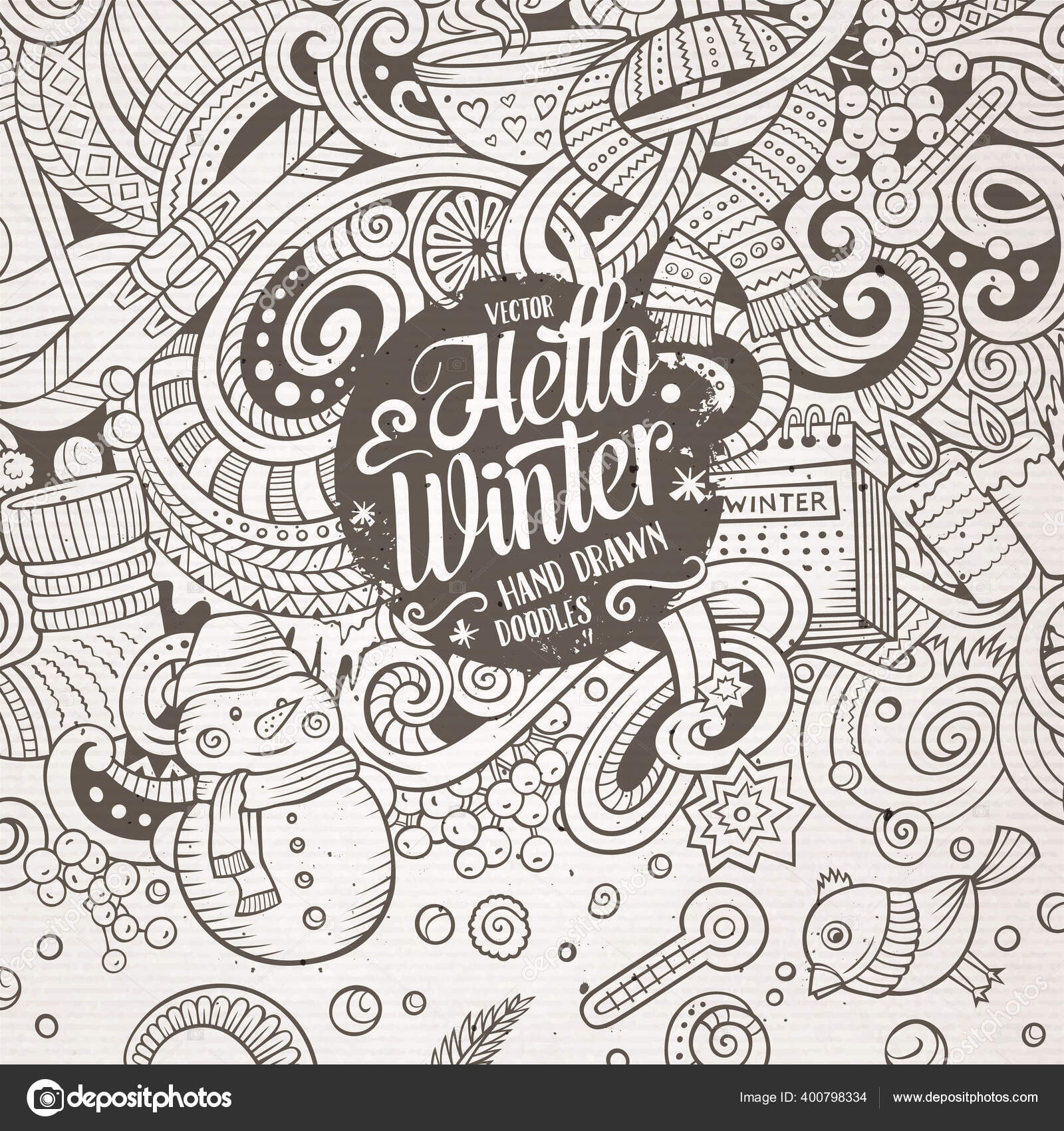 Cartoon Cute Doodles Hand Drawn Winter Season Frame Design Line Stock ...