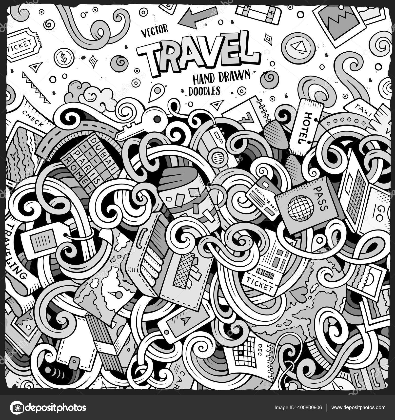 Cartoon Cute Doodles Hand Drawn Travel Frame Design Line Art Stock ...