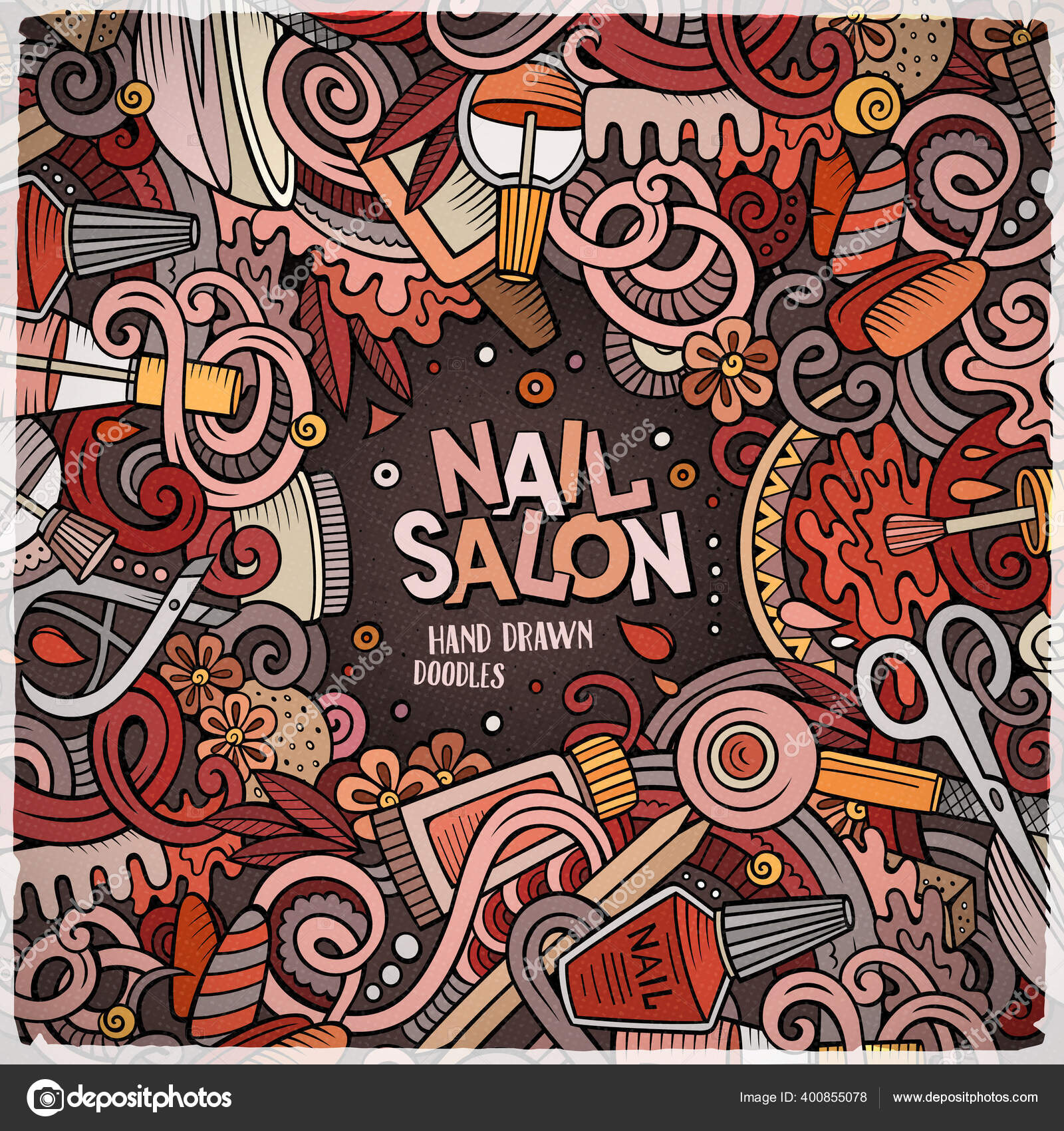 Cartoon Cute Doodles Hand Drawn Nail Salon Frame Design Colorful Stock ...