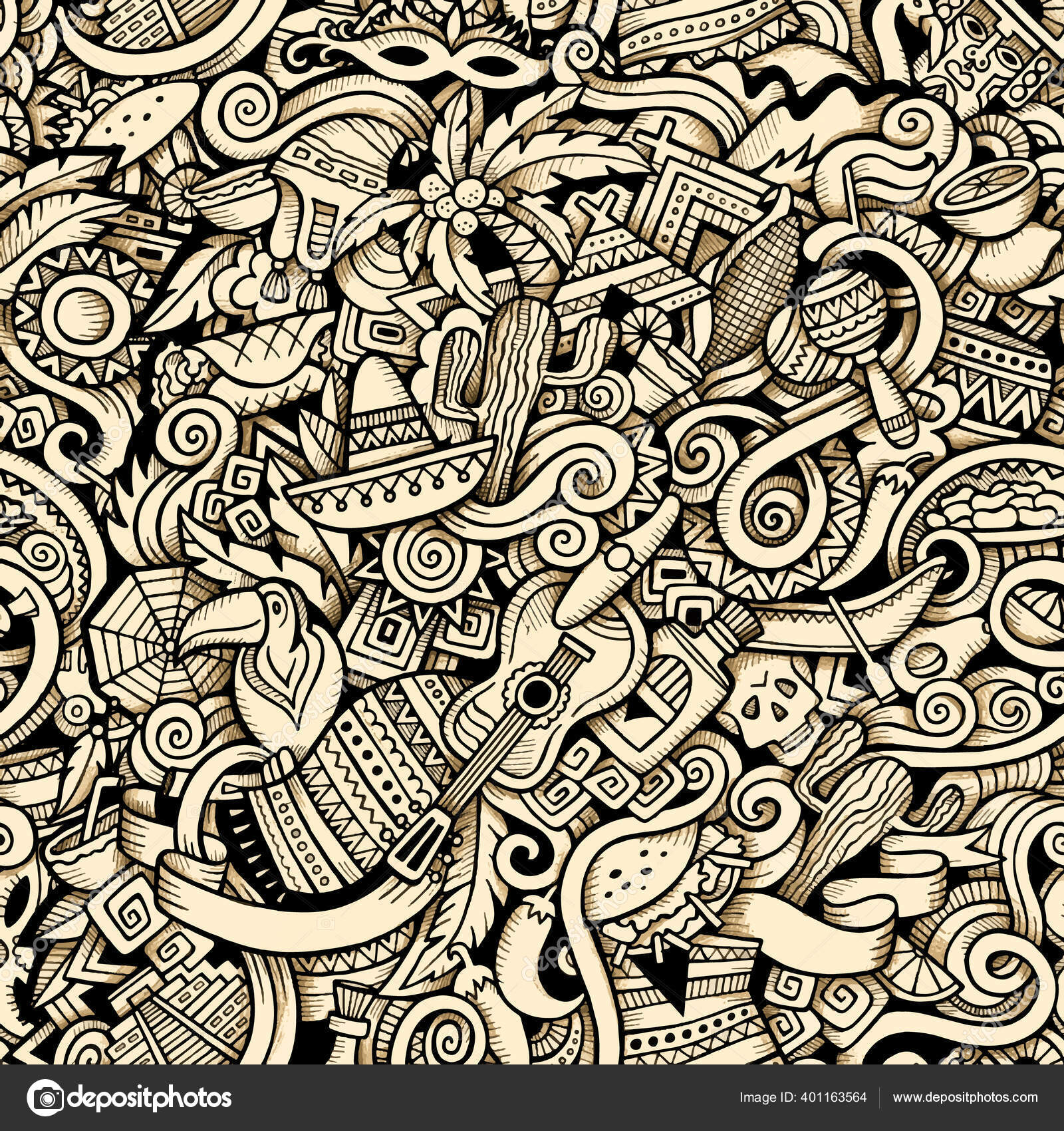 Cartoon Hand Drawn Doodles Subject Latin American Style Theme Seamless ...