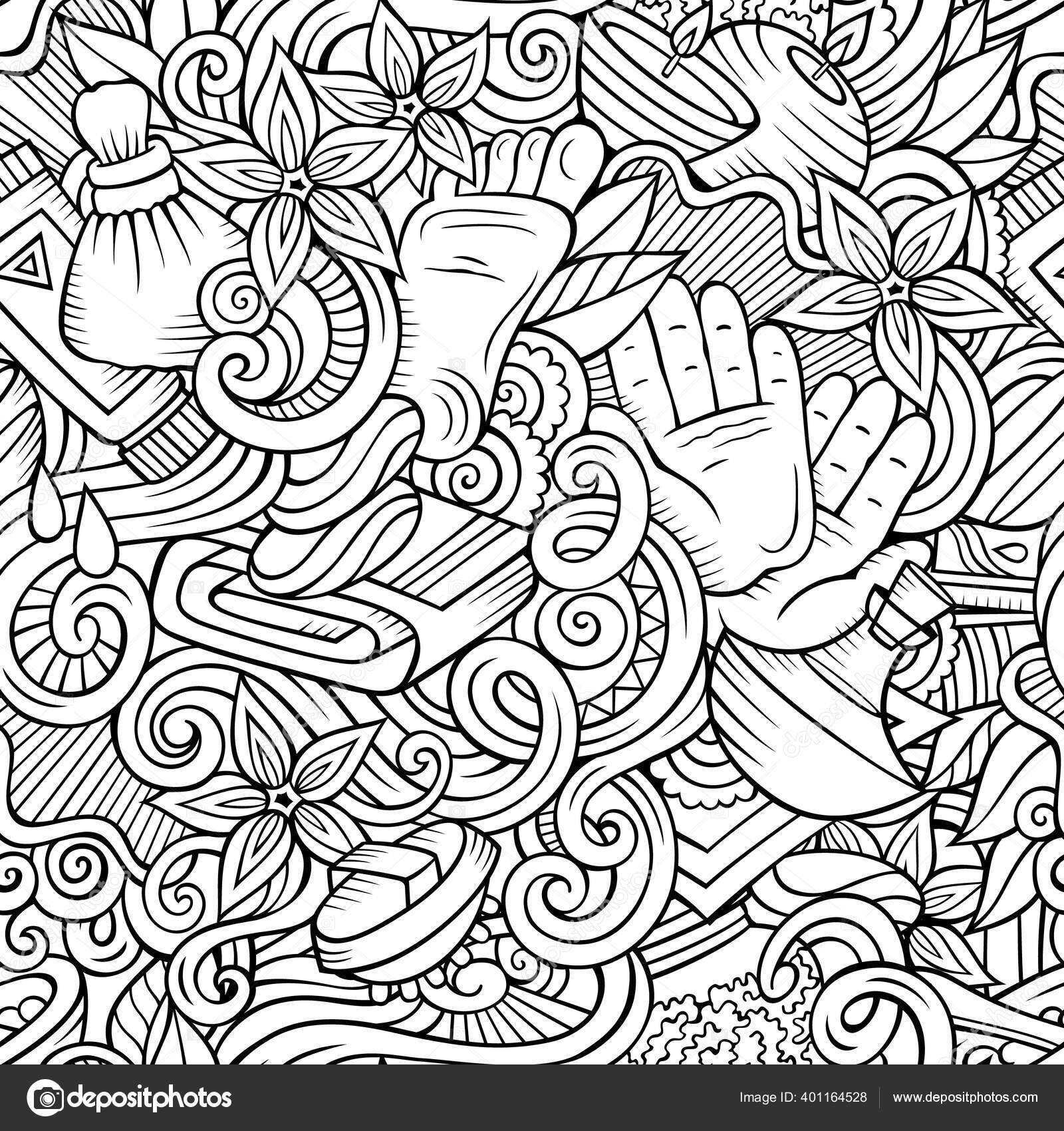 Cartoon Cute Doodles Hand Drawn Spa Massage Seamless Pattern Sketchy ...