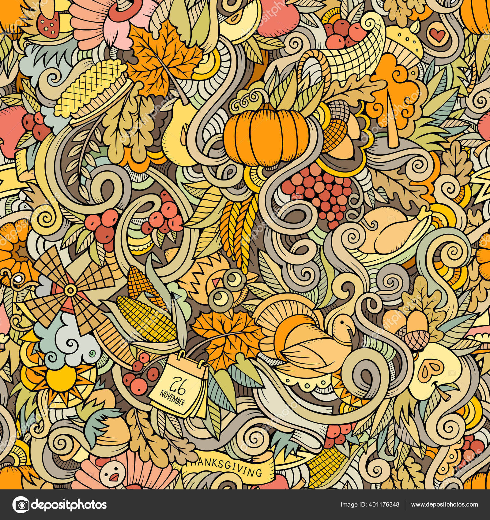 Cartoon Vector Hand Drawn Doodles Subject Thanksgiving Autumn Symbols ...