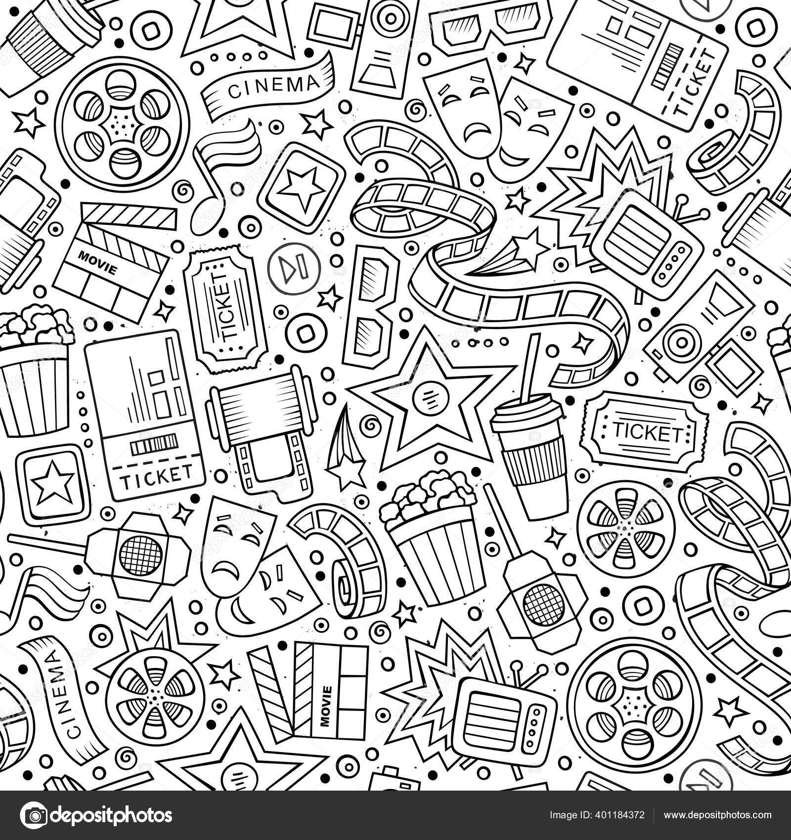 Cartoon Cute Hand Drawn Cinema Seamless Pattern Line Art Detailed Stock ...