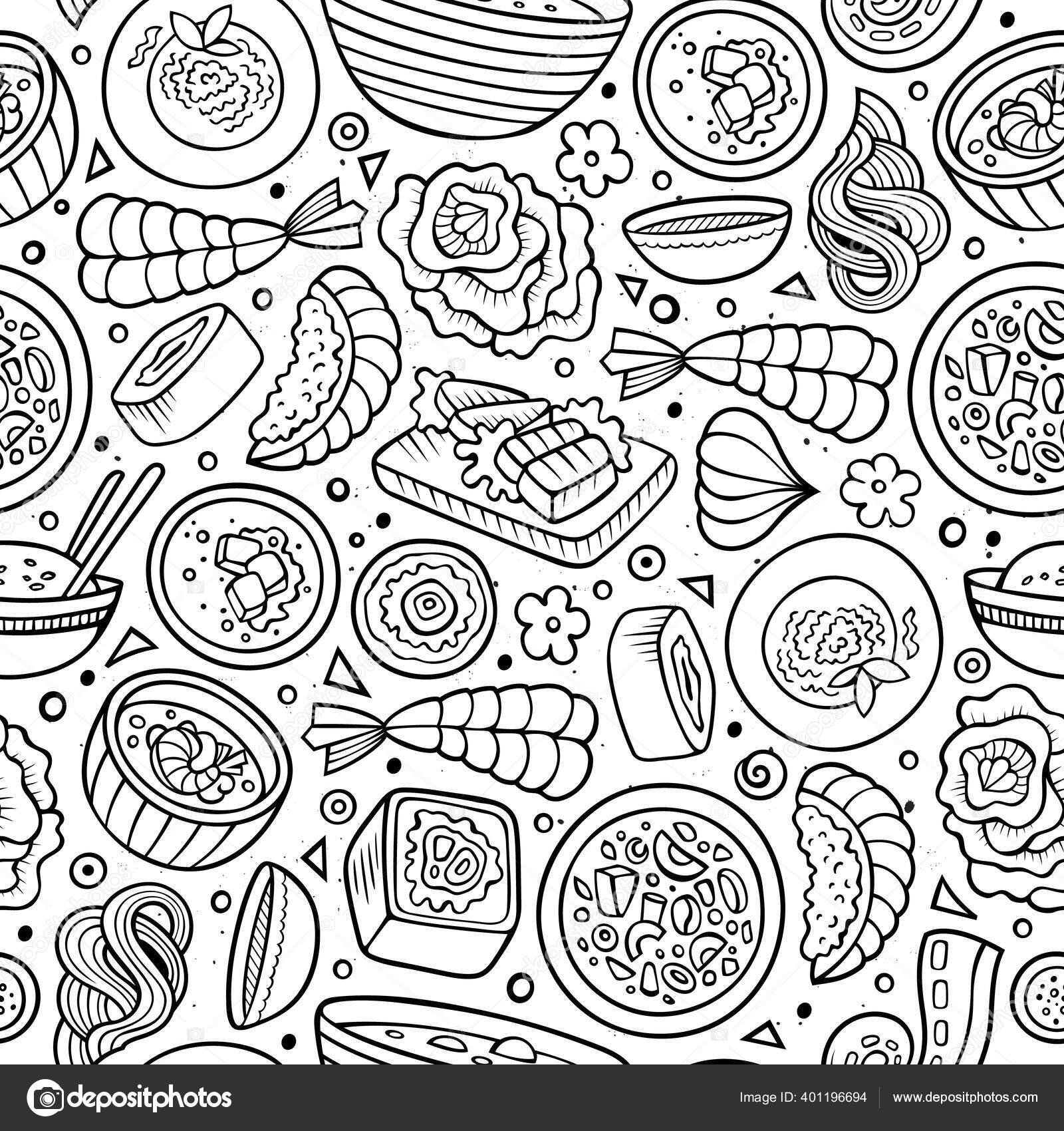 Cartoon Cute Hand Drawn Japan Food Seamless Pattern Line Art Stock ...