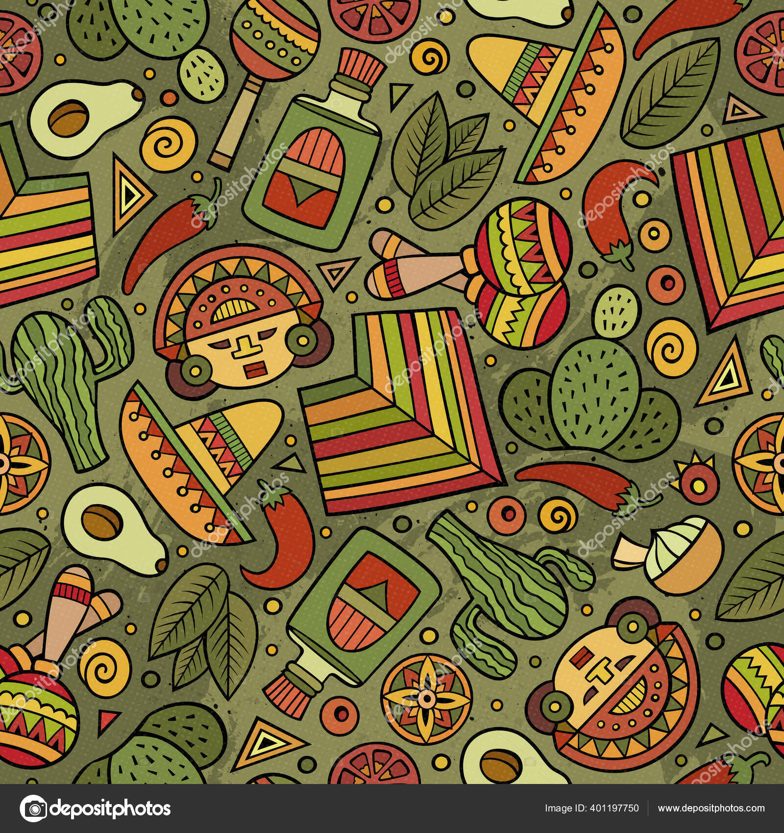 Cartoon Hand Drawn Latin American Mexican Seamless Pattern Lots Symbols ...