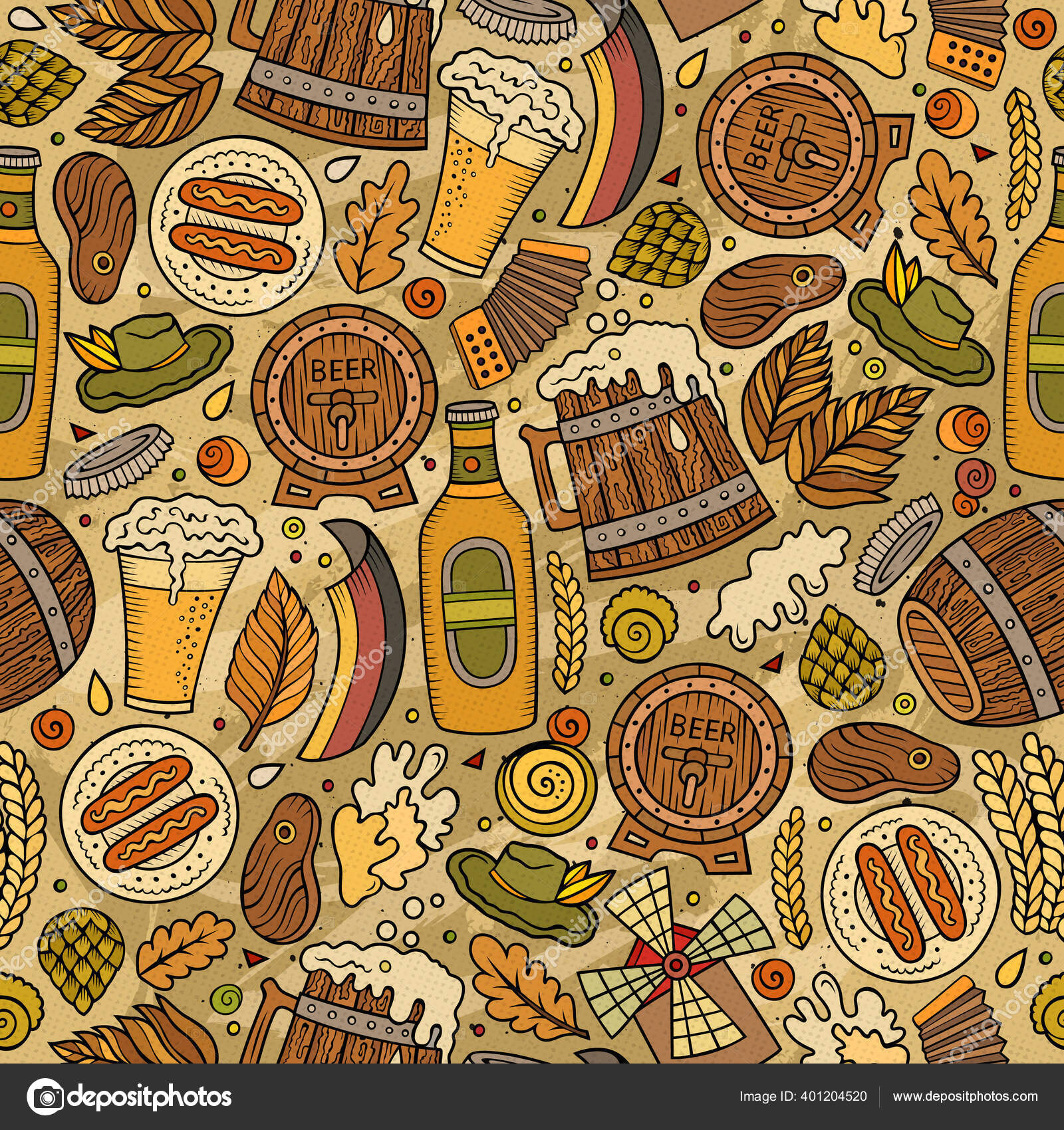 Cartoon Cute Hand Drawn Beer Fest Seamless Pattern Colorful Lots Stock ...